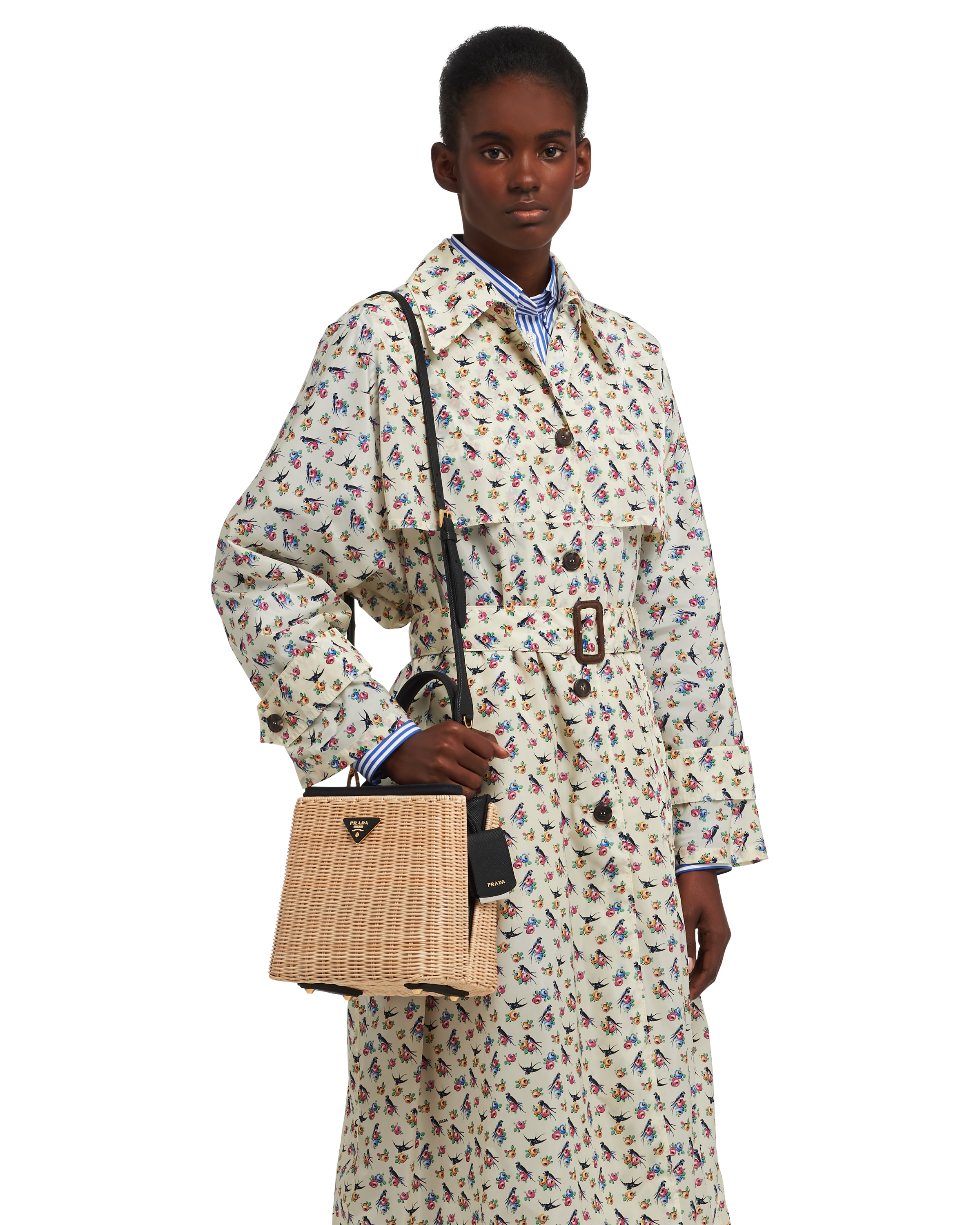 Tan/black Wicker and Canvas Handbag | Prada