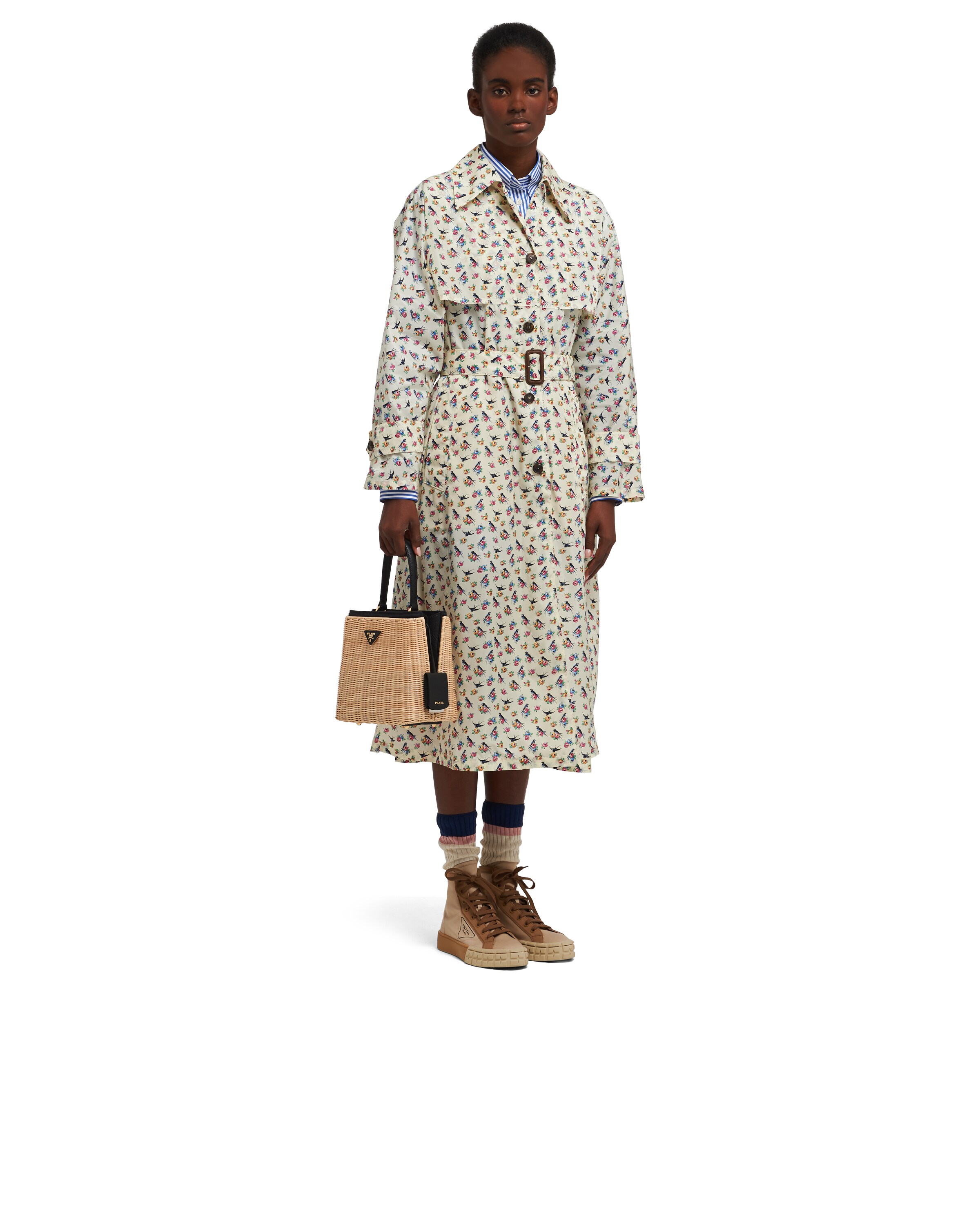 Tan/black Wicker and Canvas Handbag | Prada