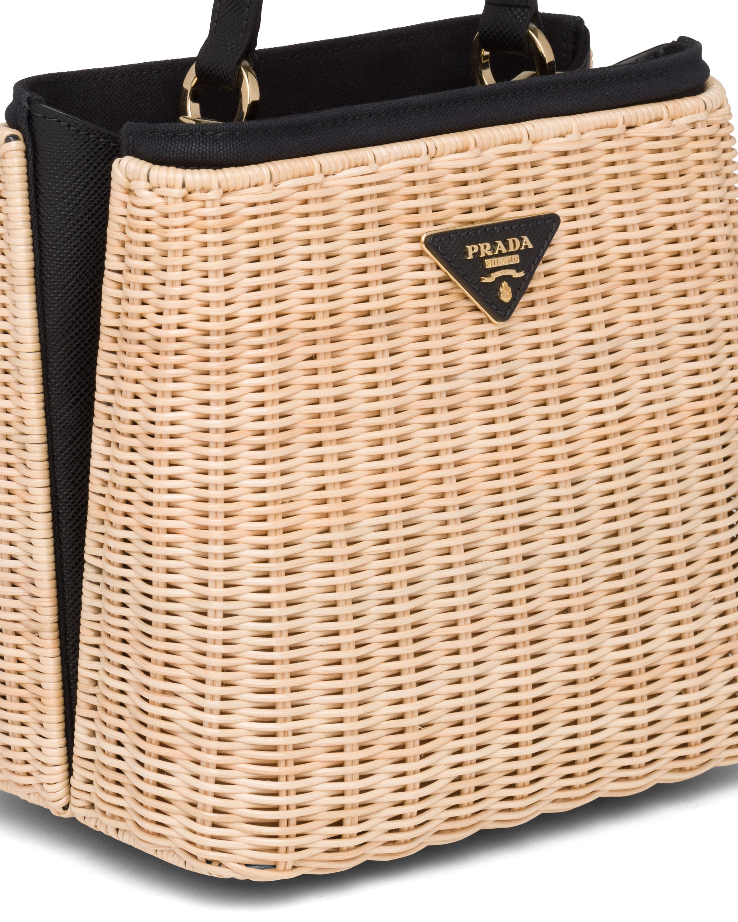 Tan/black Wicker and Canvas Handbag | Prada