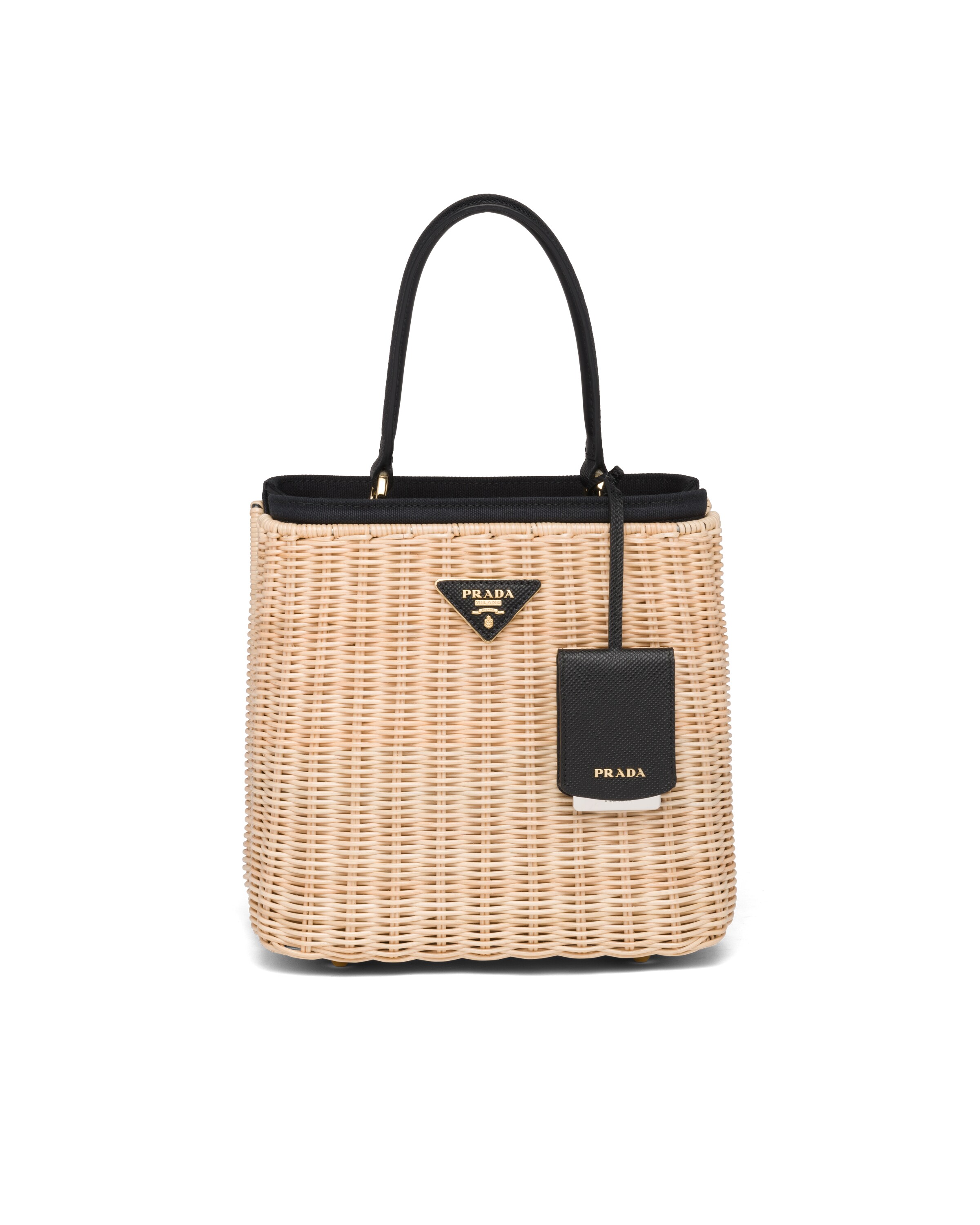 Tan/black Wicker and Canvas Handbag | Prada