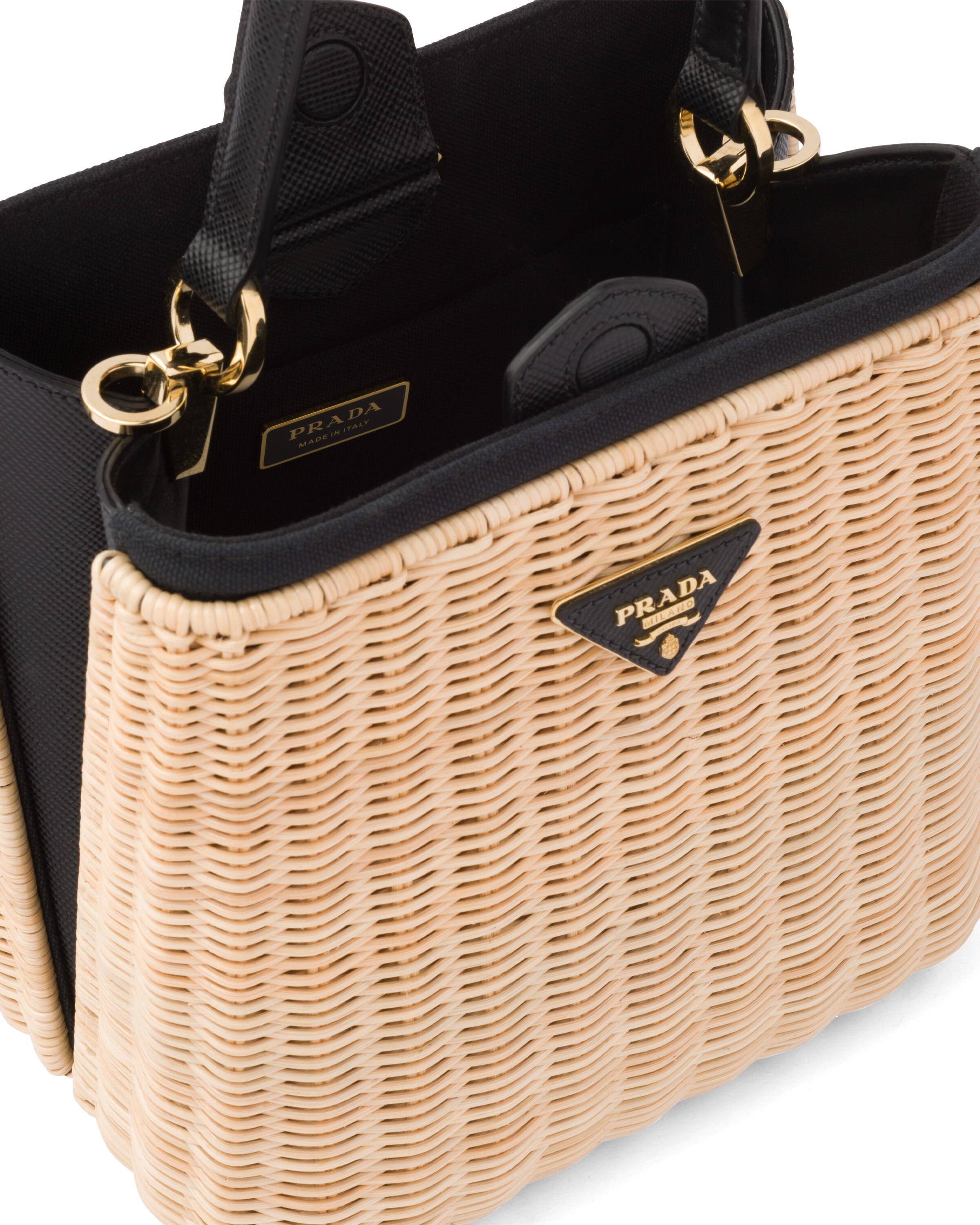 Tan/black Wicker and Canvas Handbag | Prada