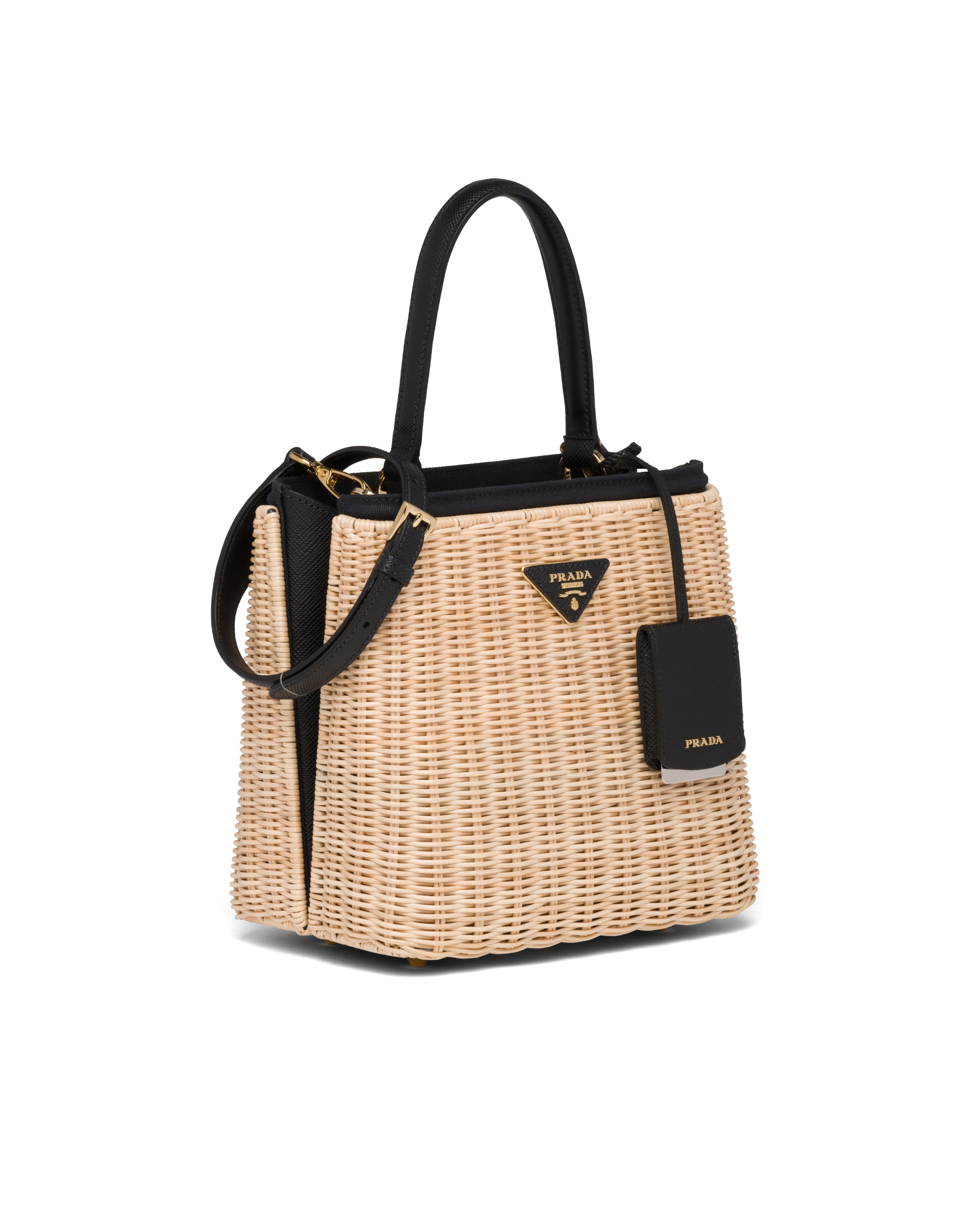 Tan/black Wicker and Canvas Handbag | Prada
