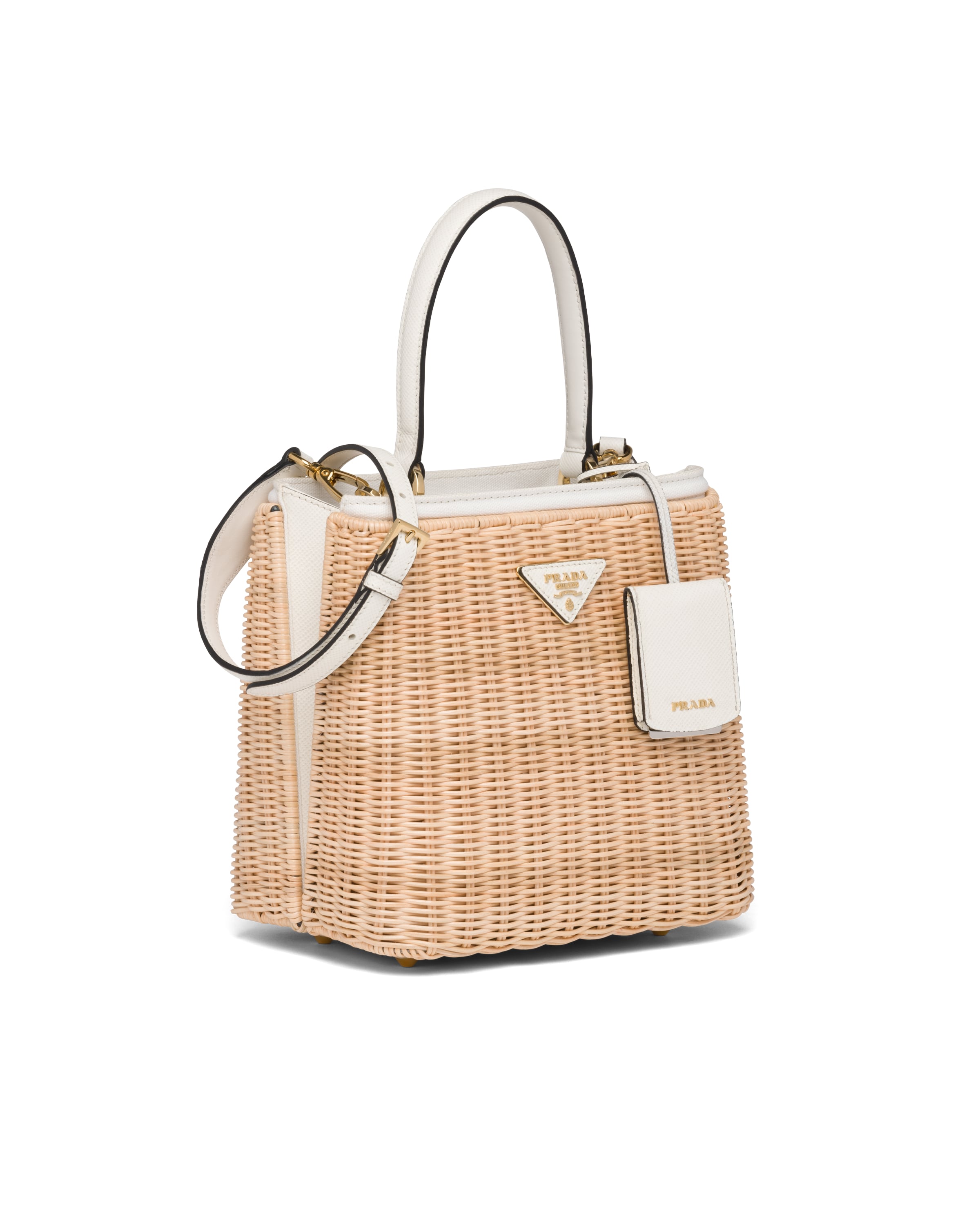 Tan/white Wicker and Canvas Handbag | Prada