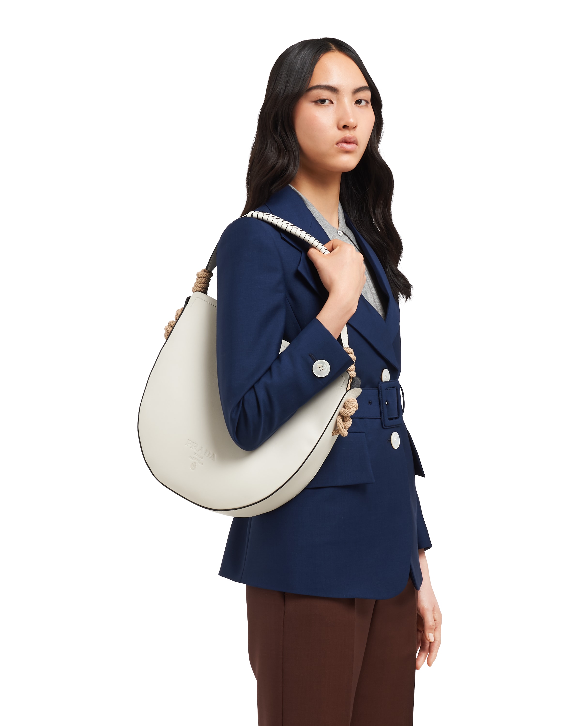 White/black Leather Bag with Cord Details | Prada