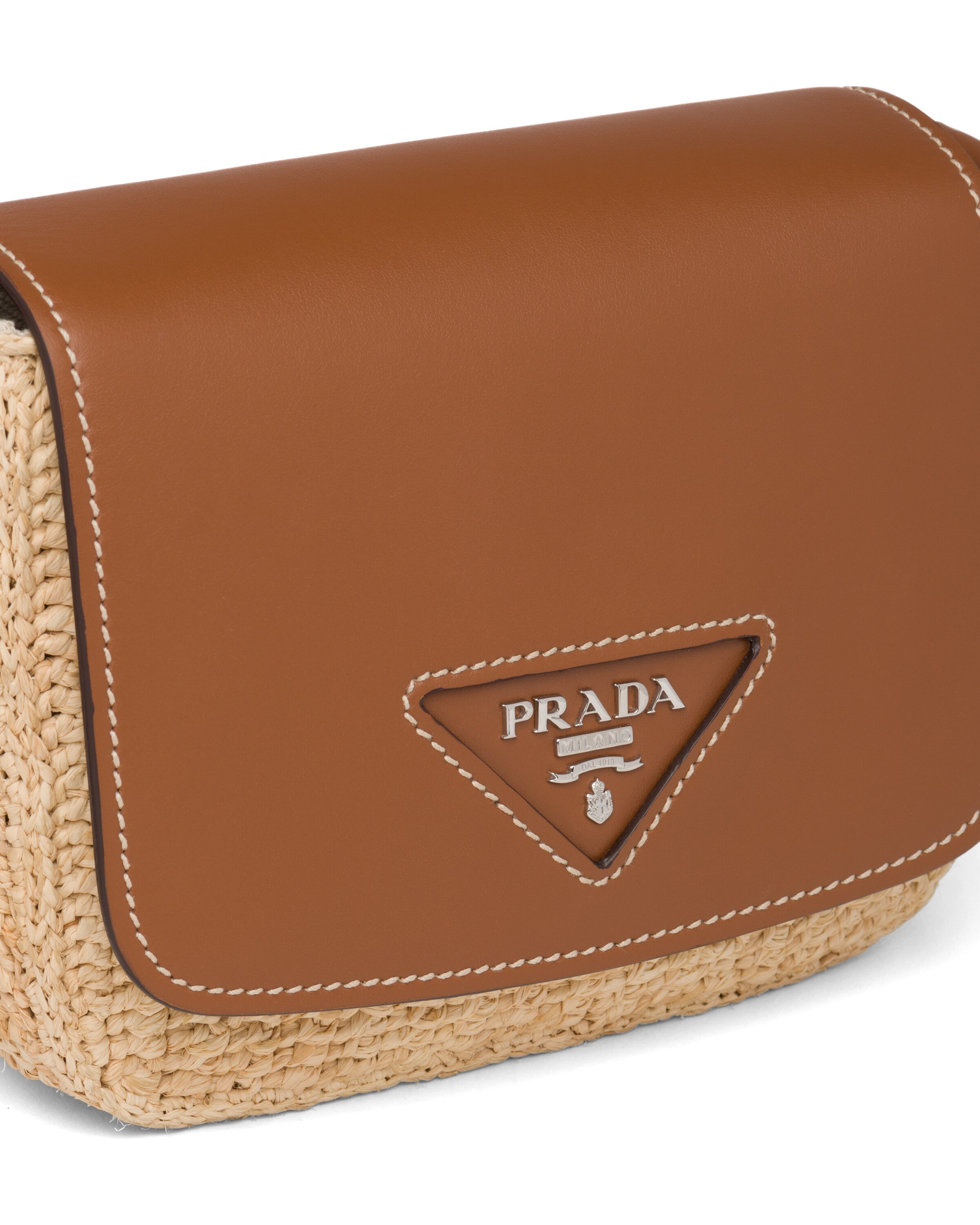 Beige/cognac Raffia and Leather Shoulder Bag | Prada