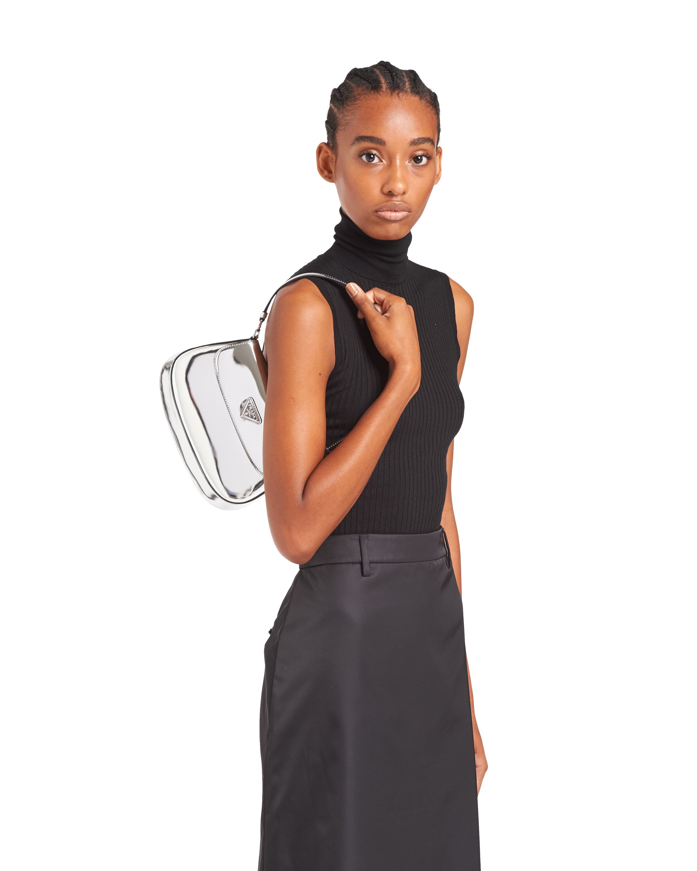 Silver Prada Cleo brushed leather shoulder bag with flap | Prada