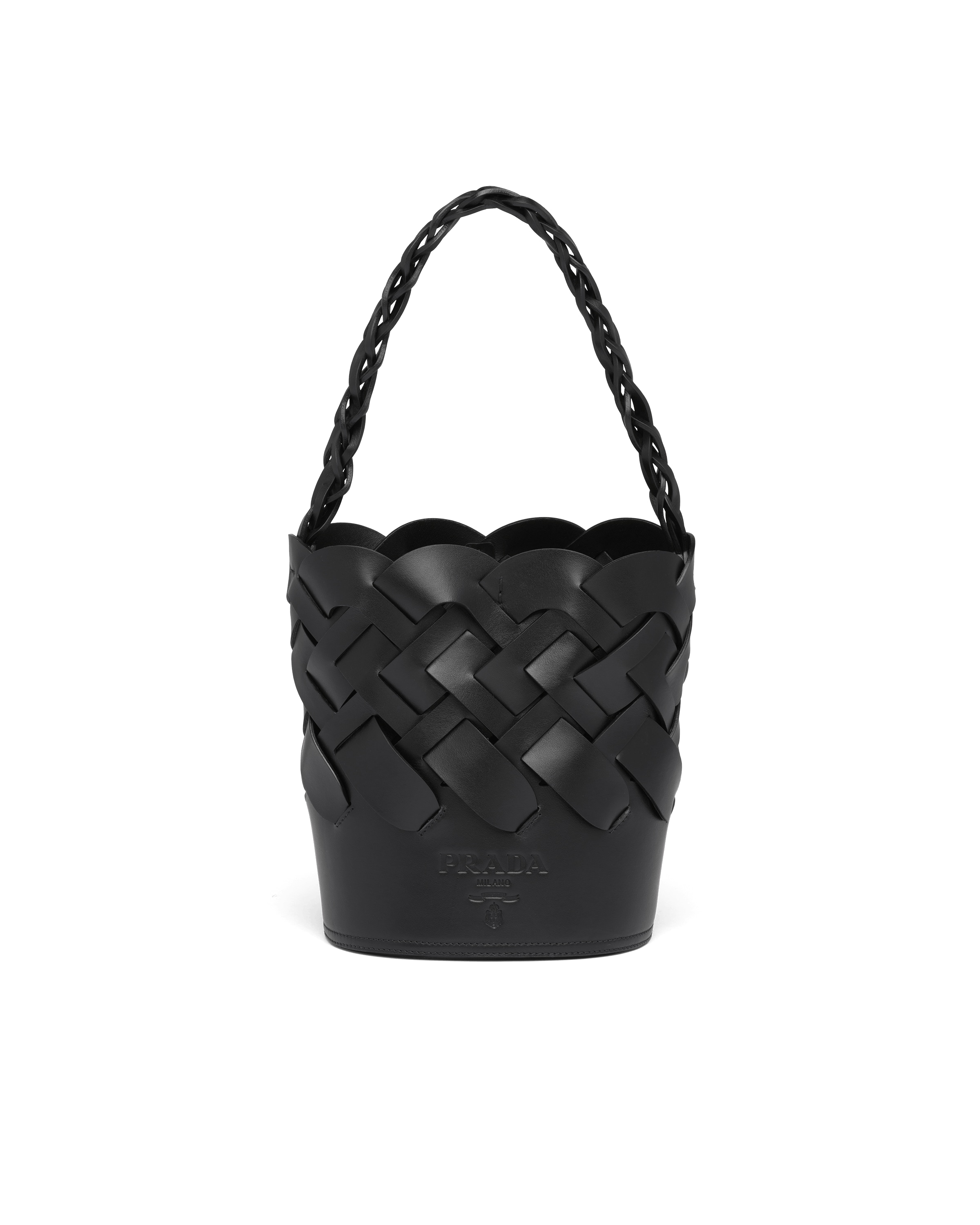 Black Leather Prada Tress Bucket Bag | Prada