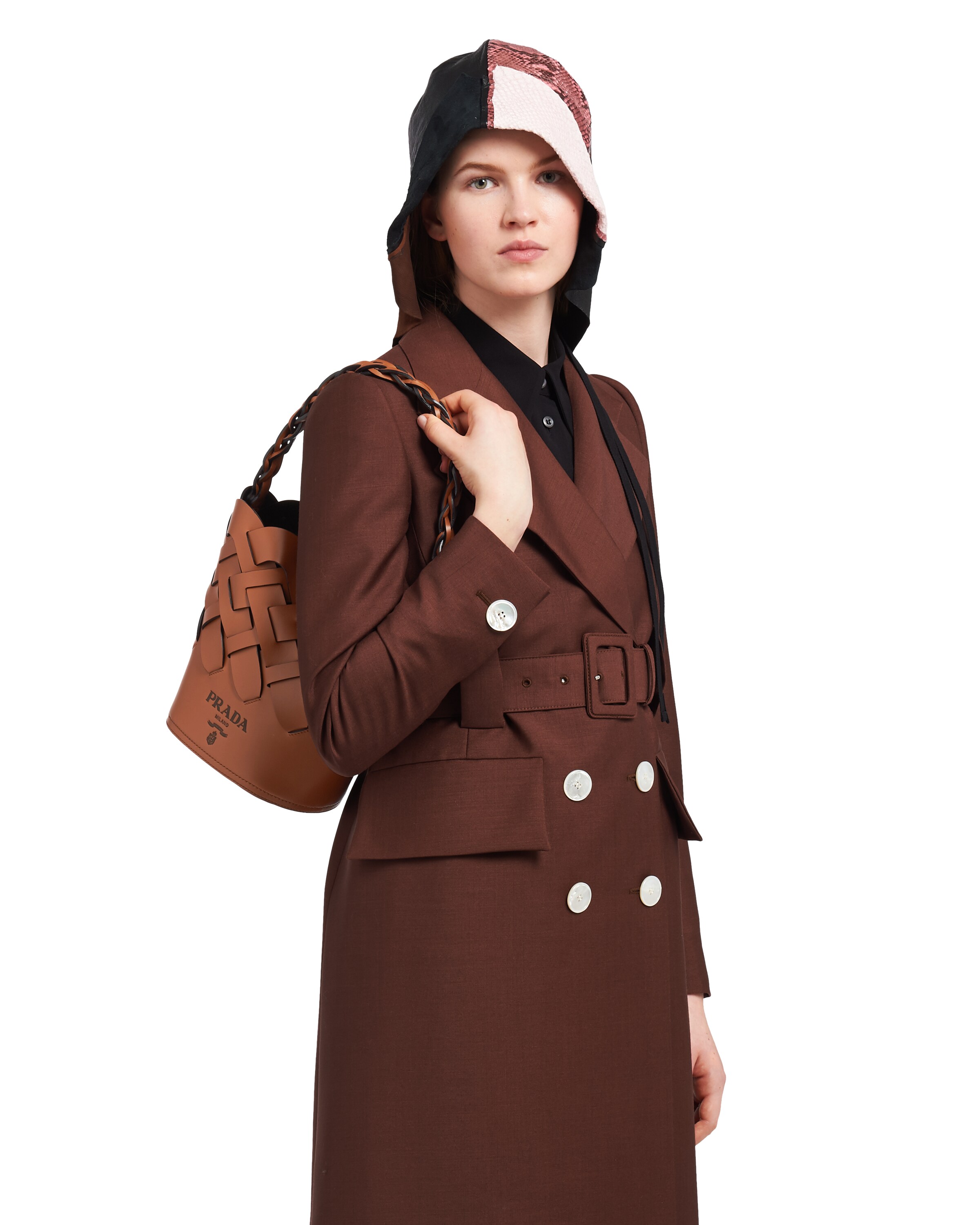 Cognac/black Leather Prada Tress Bucket Bag | Prada