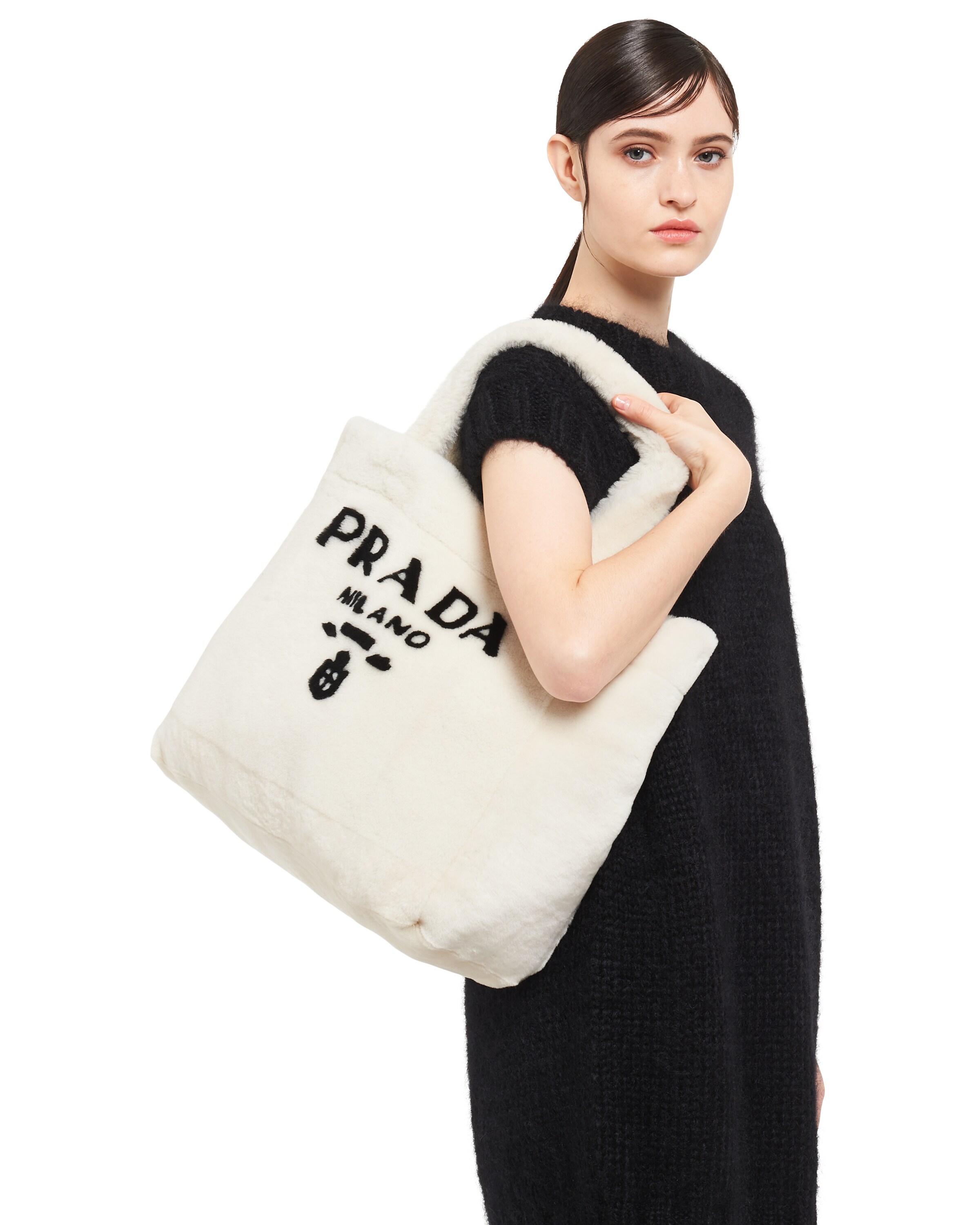 White/black Shearling tote | Prada