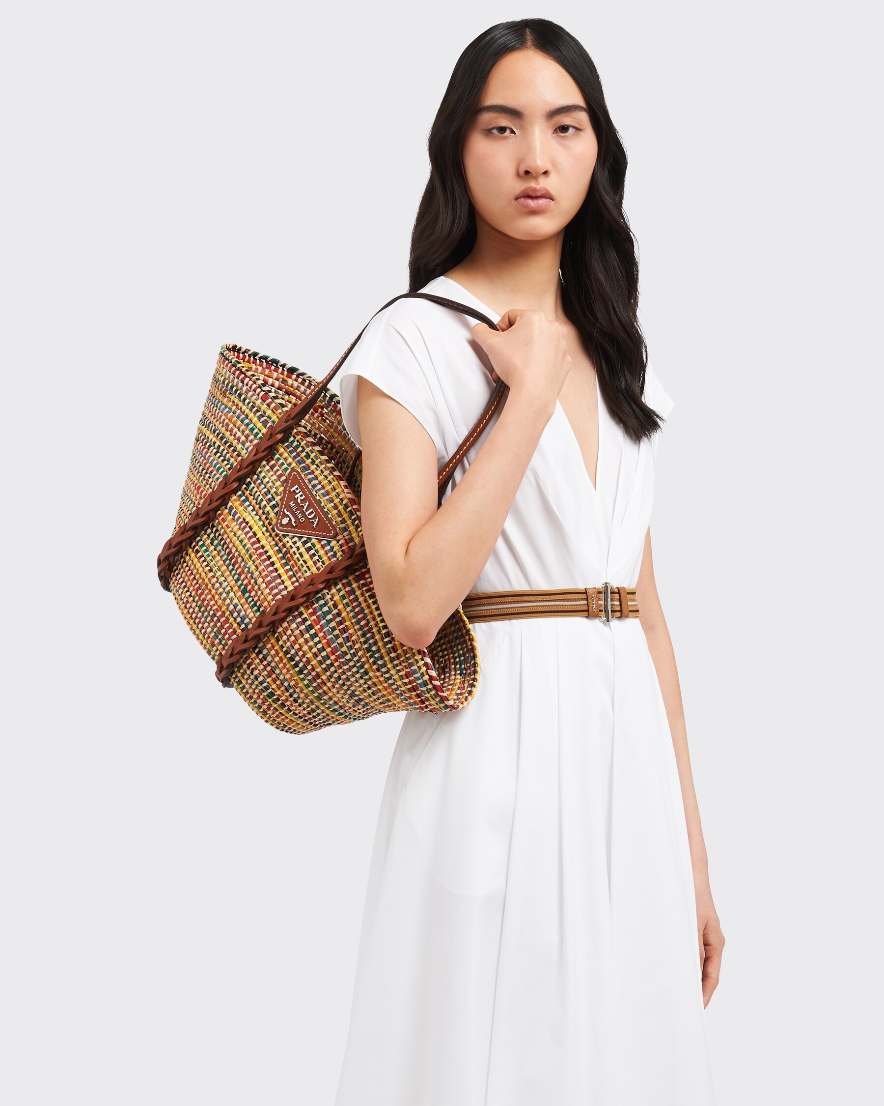 Multicolored/cognac Straw And Leather Tote | PRADA