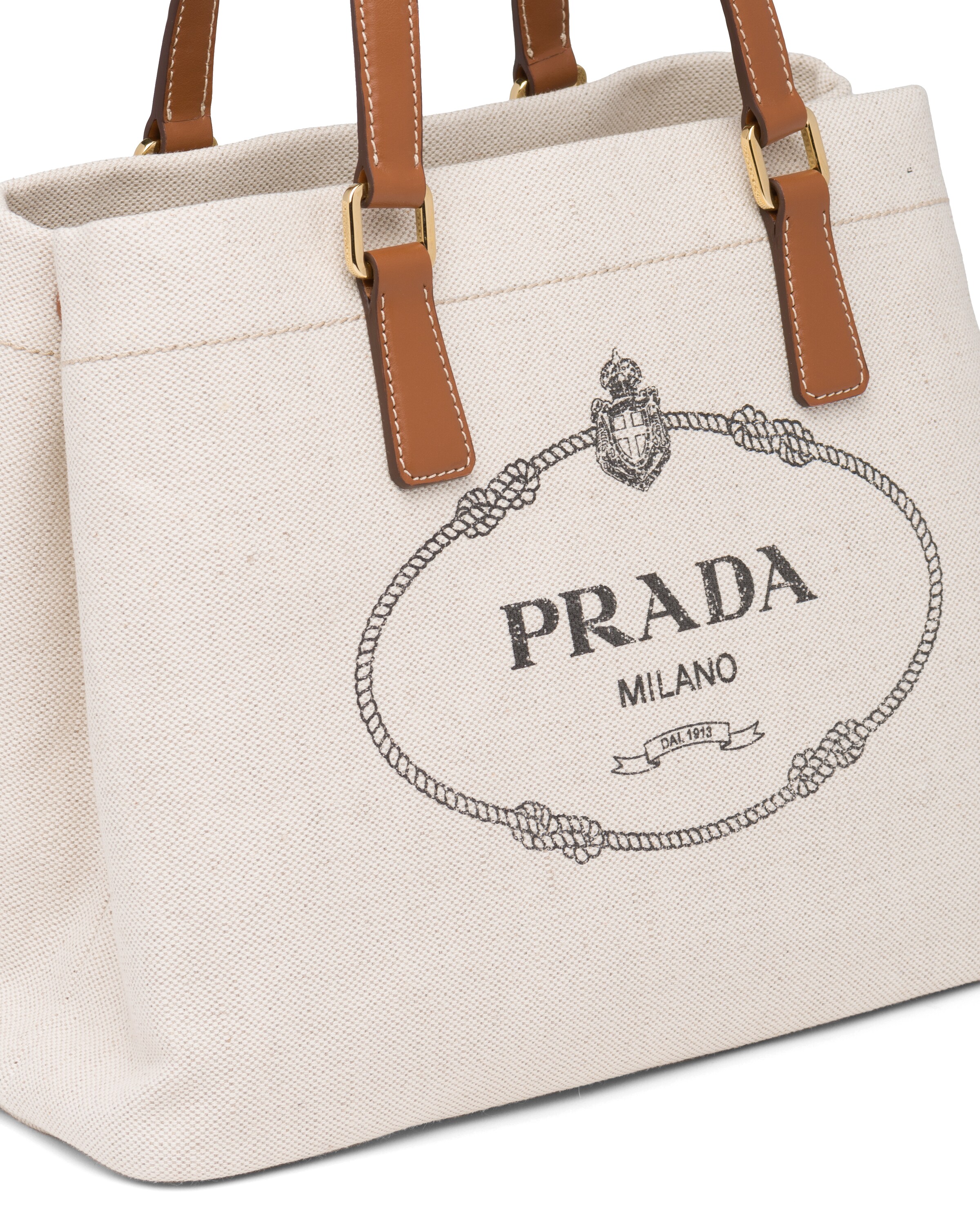 Beige/cognac Small linen blend and leather tote | Prada