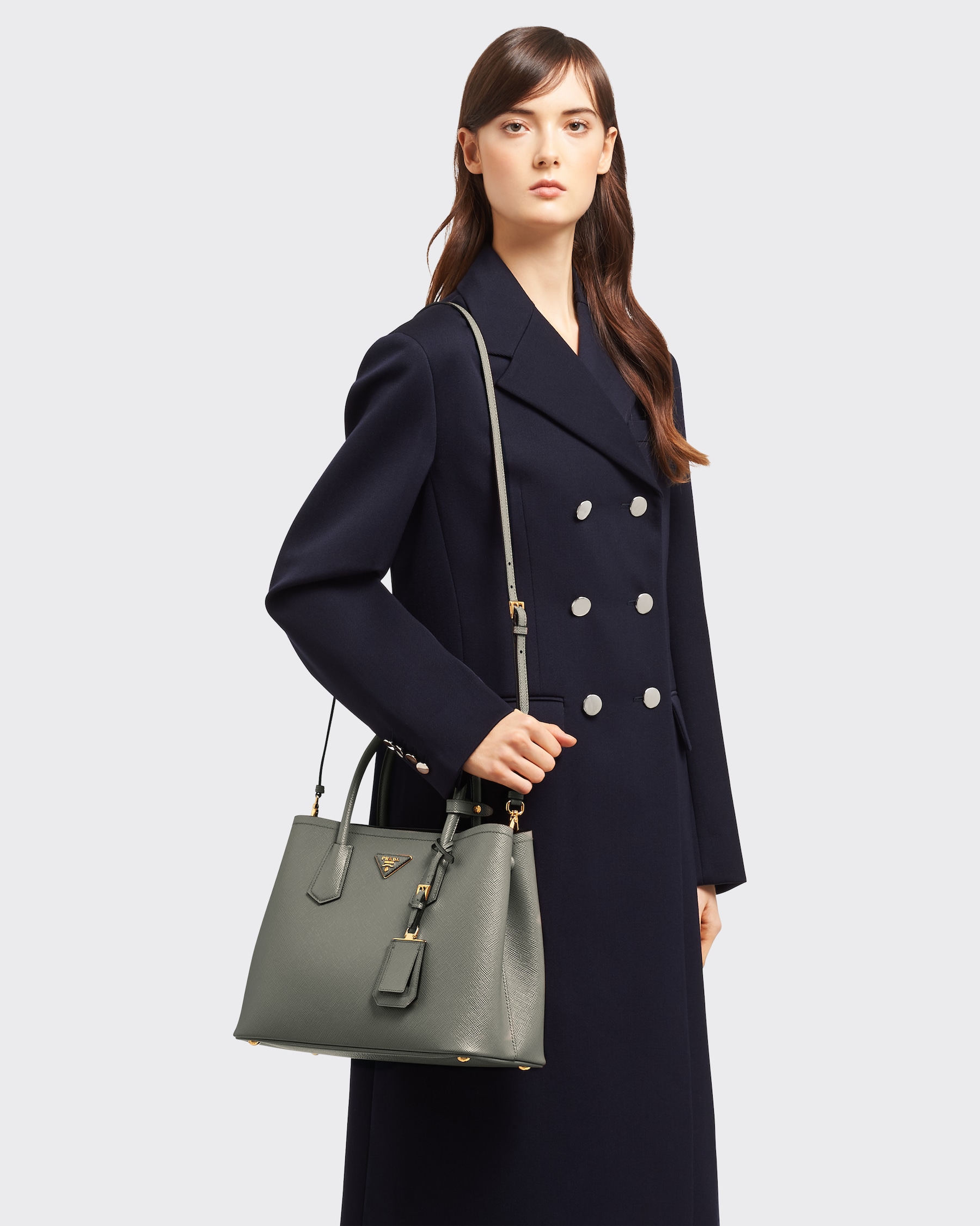 Slate/black Large Saffiano Leather Prada Double Bag | PRADA