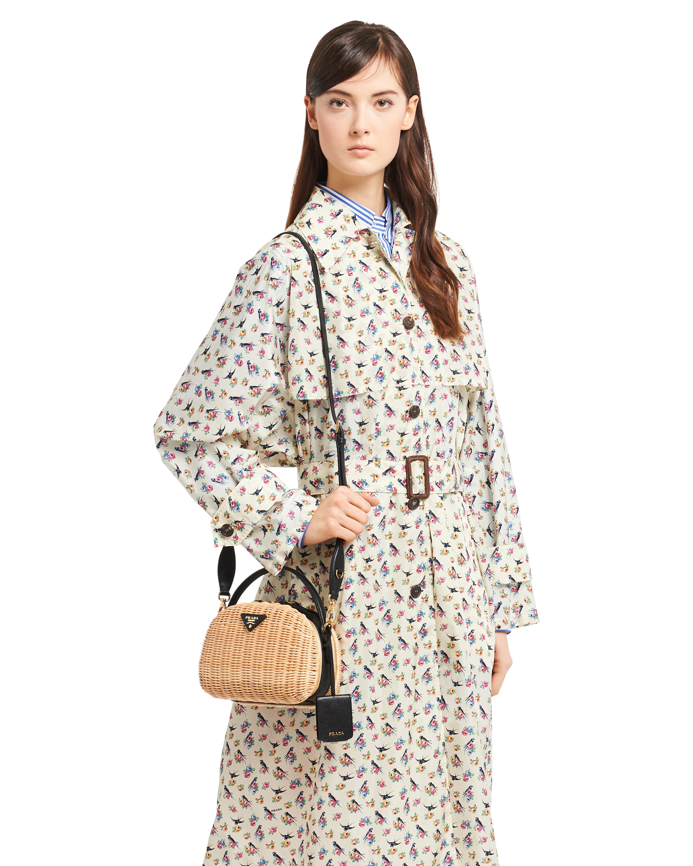 Tan/black Wicker and Saffiano leather shoulder bag | Prada