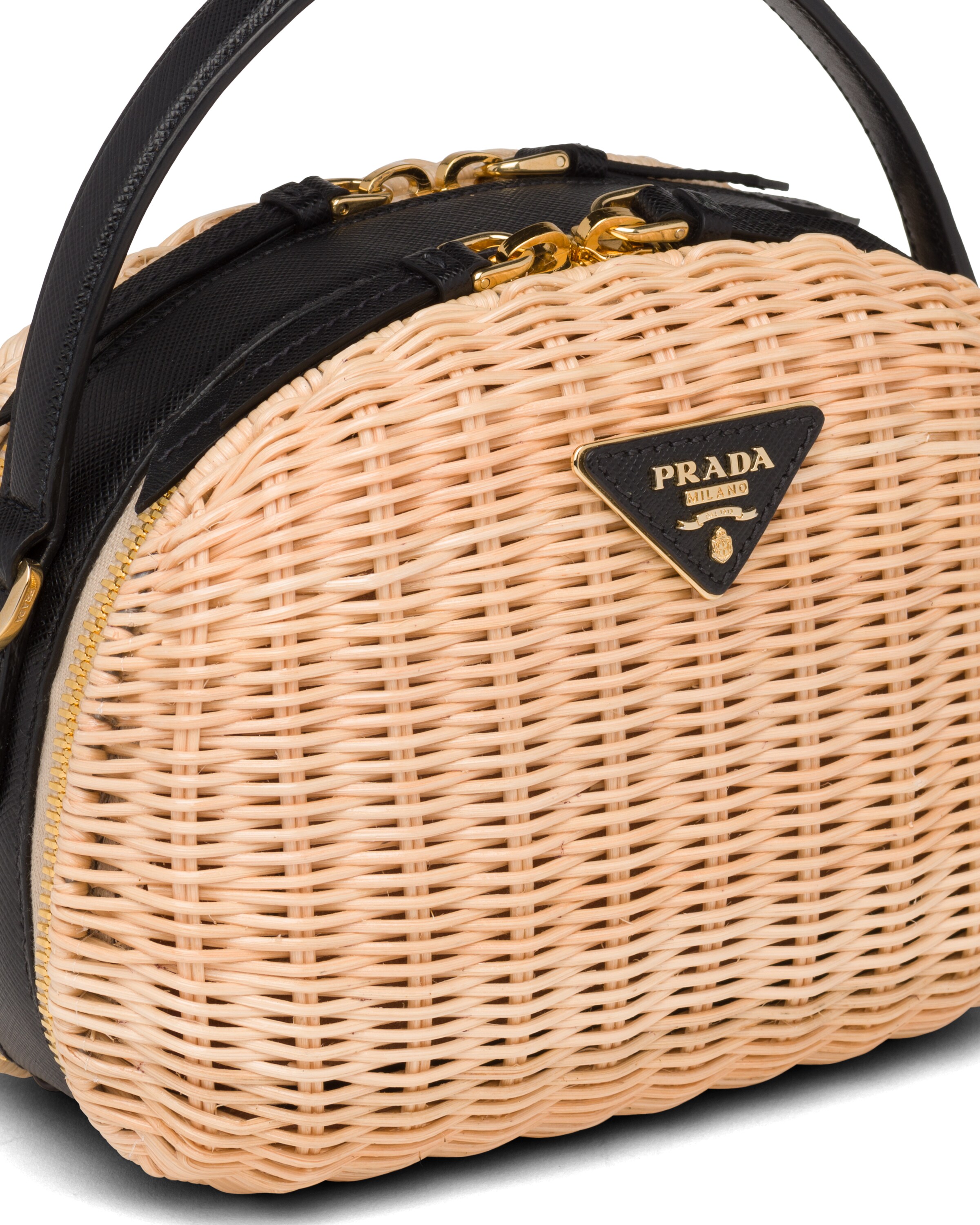 Tan/black Wicker and Saffiano leather shoulder bag | Prada