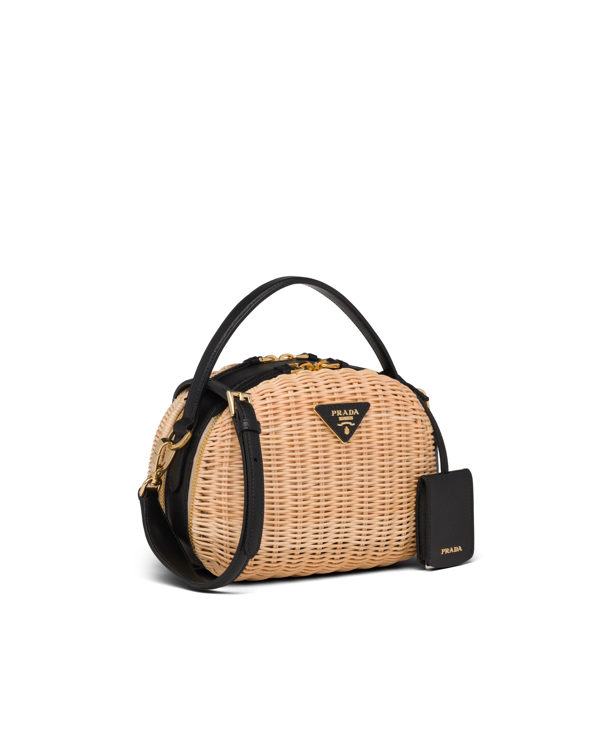 Tan/black Wicker and Saffiano leather shoulder bag | Prada