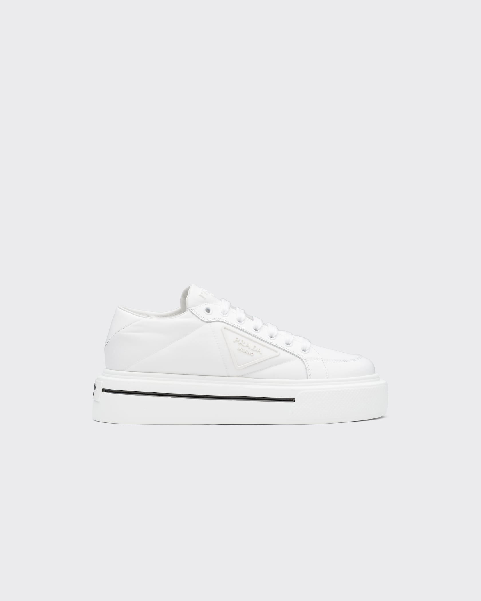 White Prada Macro Re-nylon And Brushed Leather Sneakers | PRADA