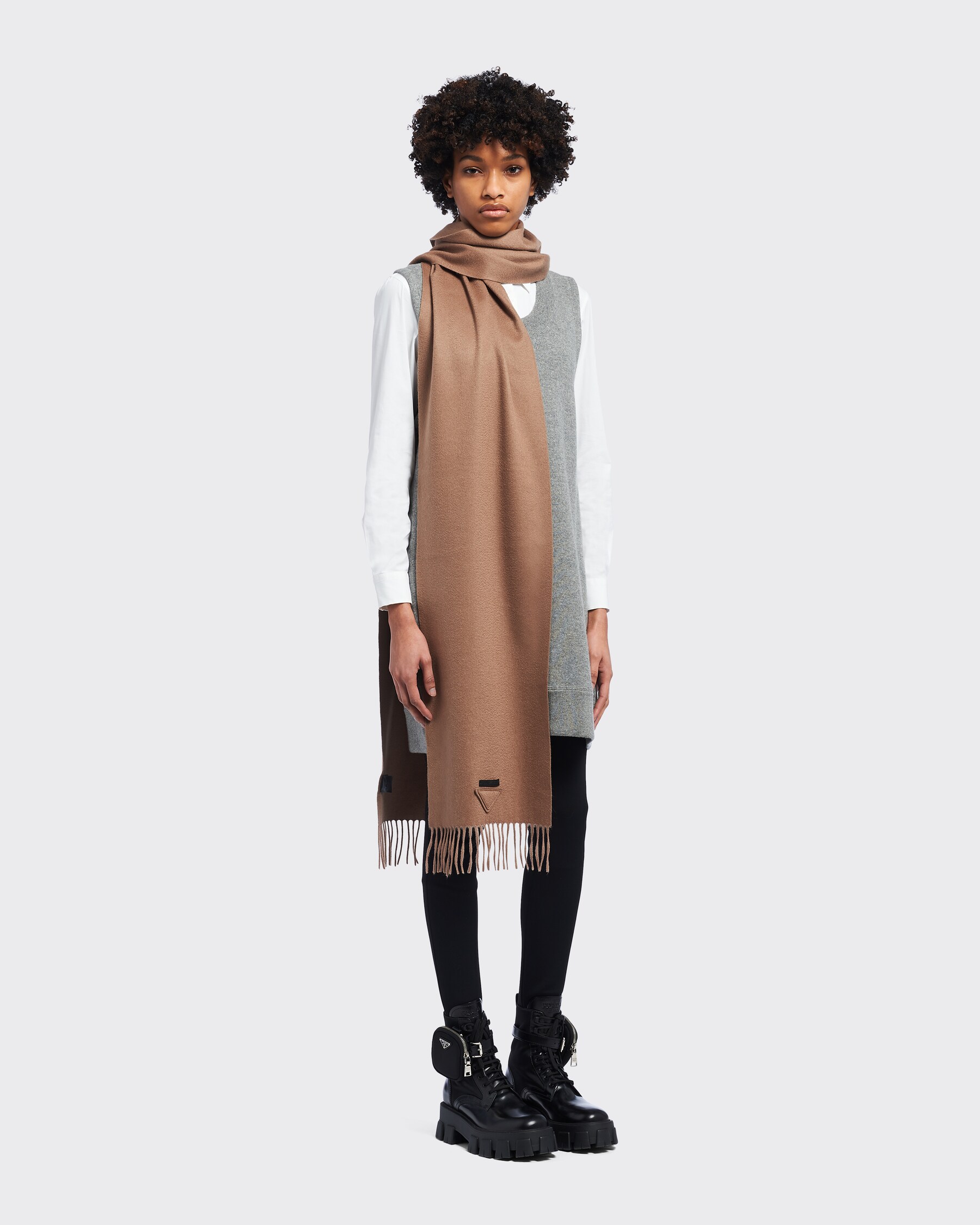 Camel Brown Solid Color Cashmere Scarf | PRADA