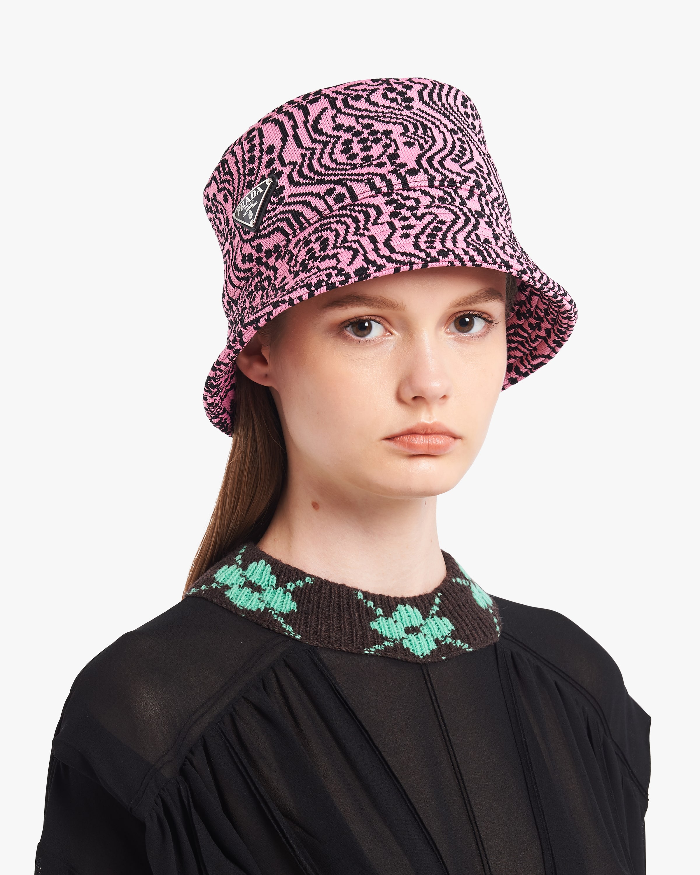 Cappello da pescatore in maglia jacquard Nero/rosa | Prada