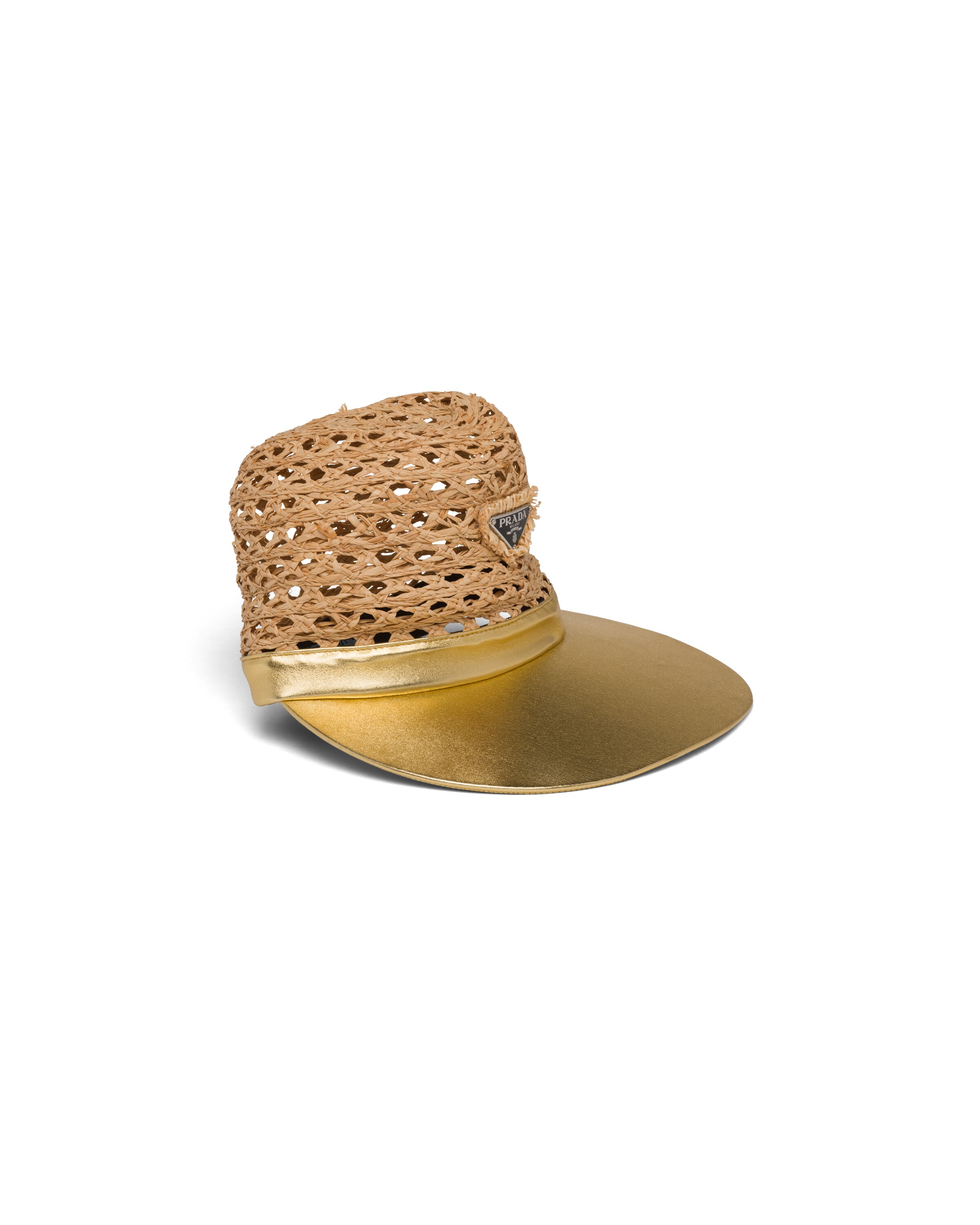 Natural / Platinum Raffia and nappa leather visor hat | Prada
