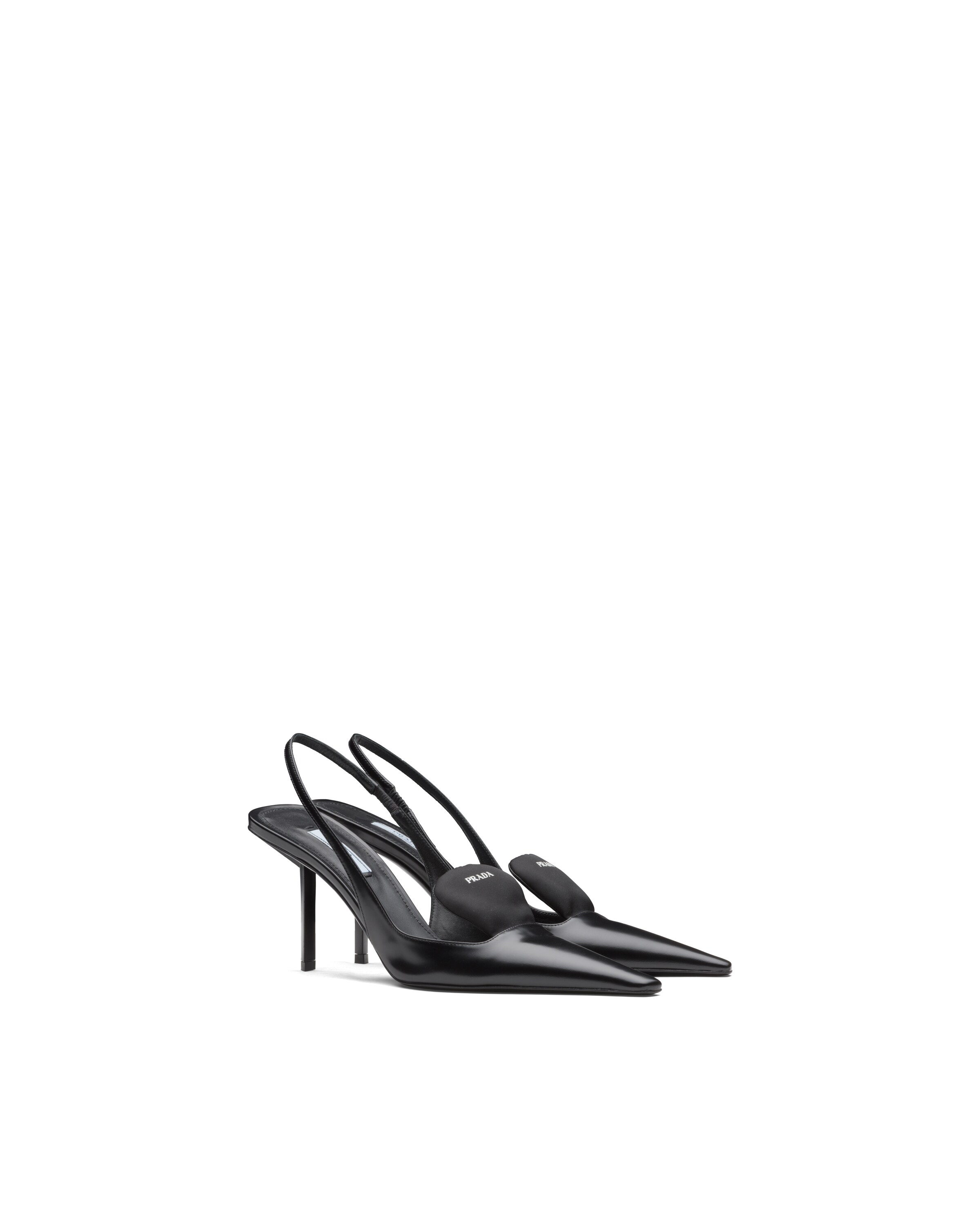 Black Brushed leather and nylon slingback pumps | Prada