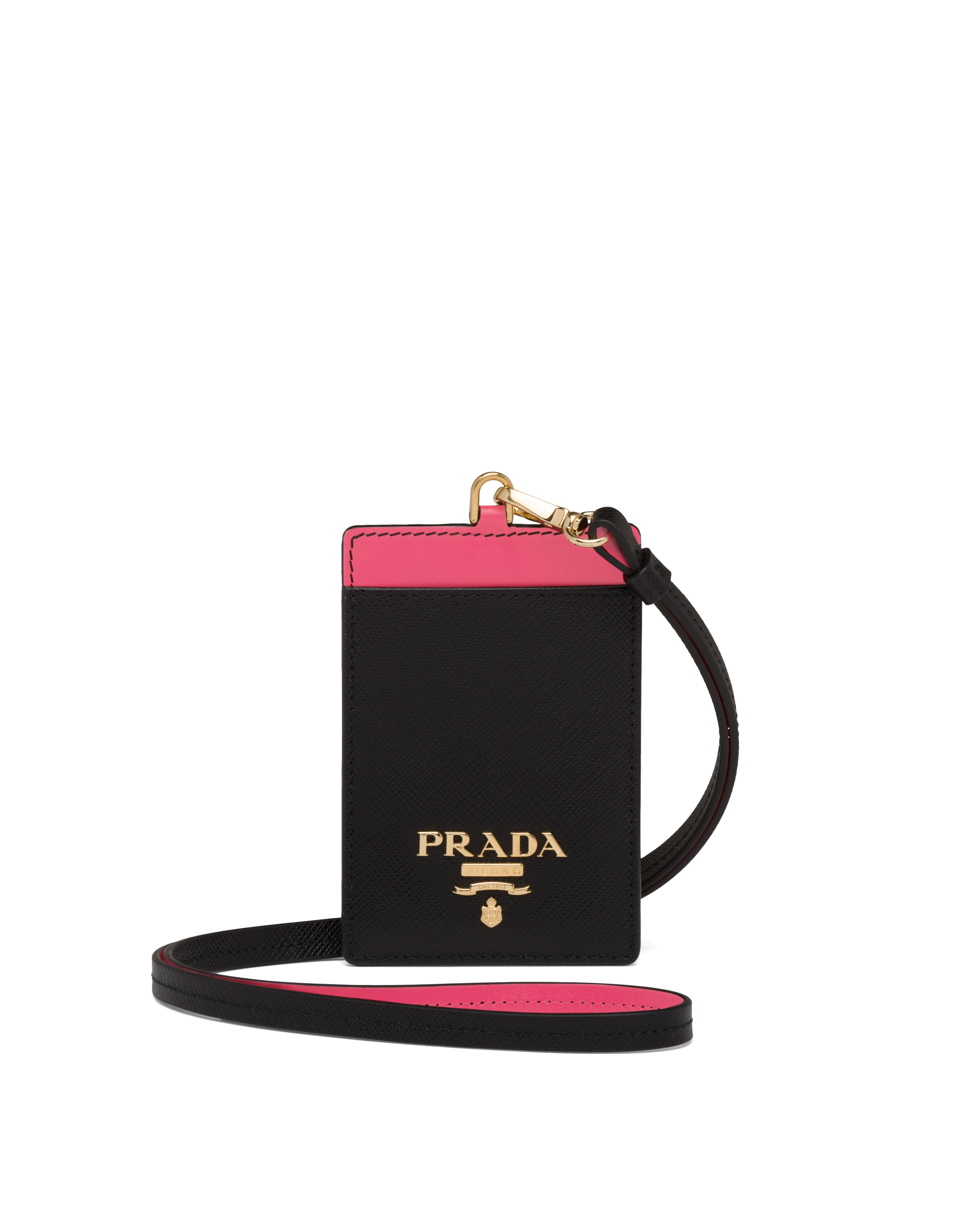 Black/peony Pink Saffiano leather badge holder | Prada