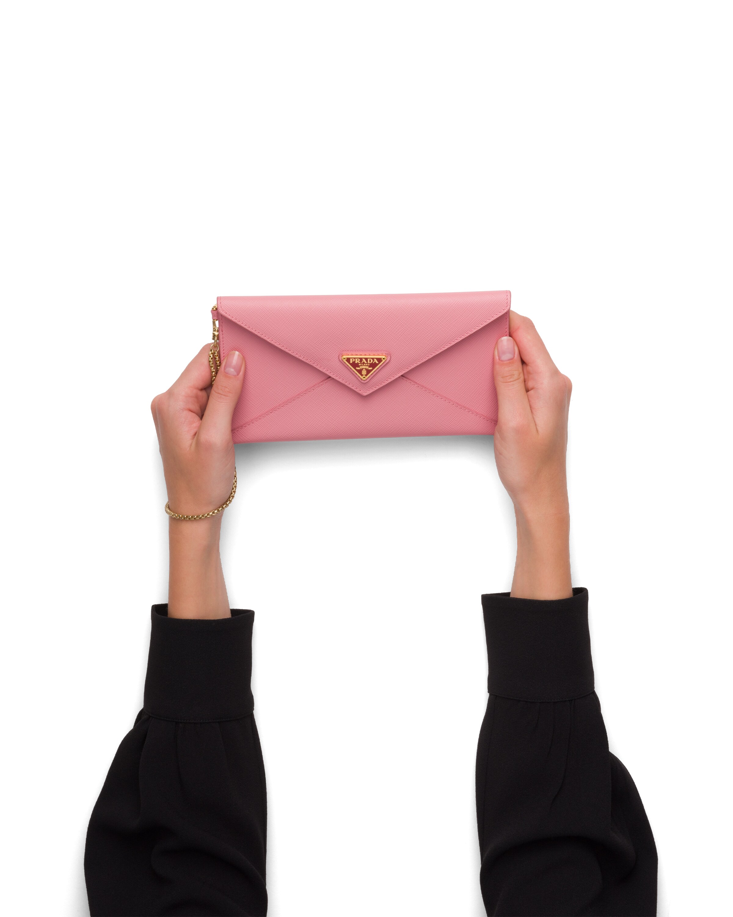 Petal Pink/fiery Red Saffiano leather clutch with chain | Prada