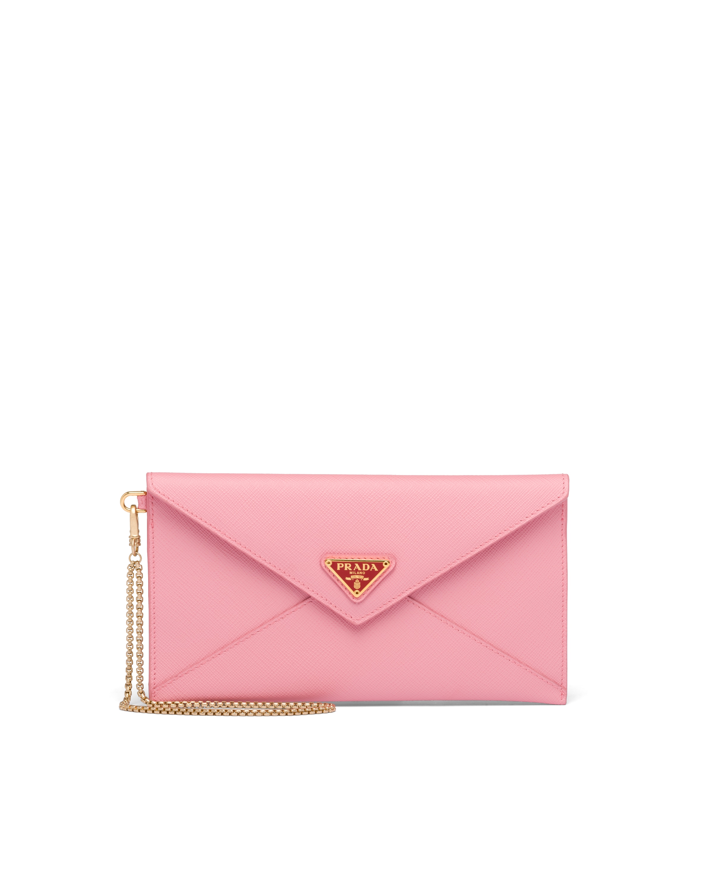 Petal Pink/fiery Red Saffiano leather clutch with chain | Prada