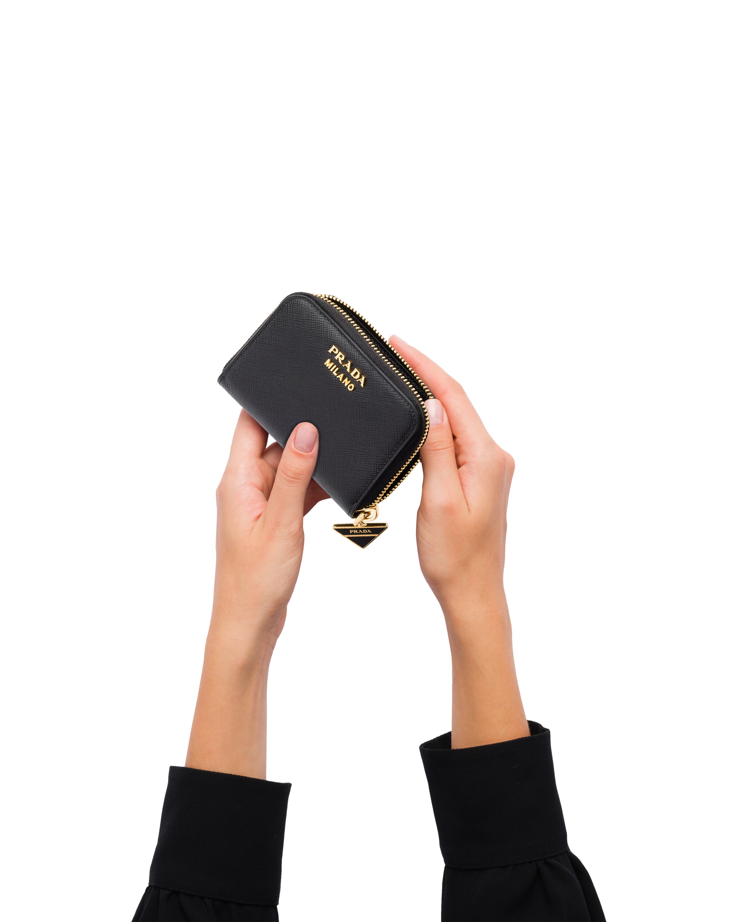 Black Saffiano leather coin purse with charm | Prada