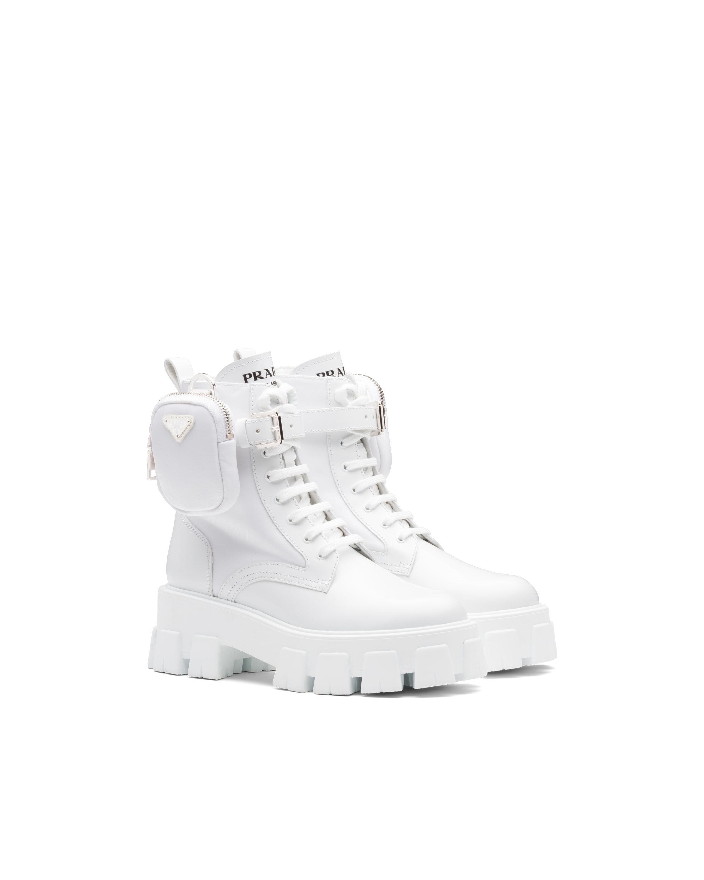 White Brushed Rois leather and nylon Monolith boots | Prada
