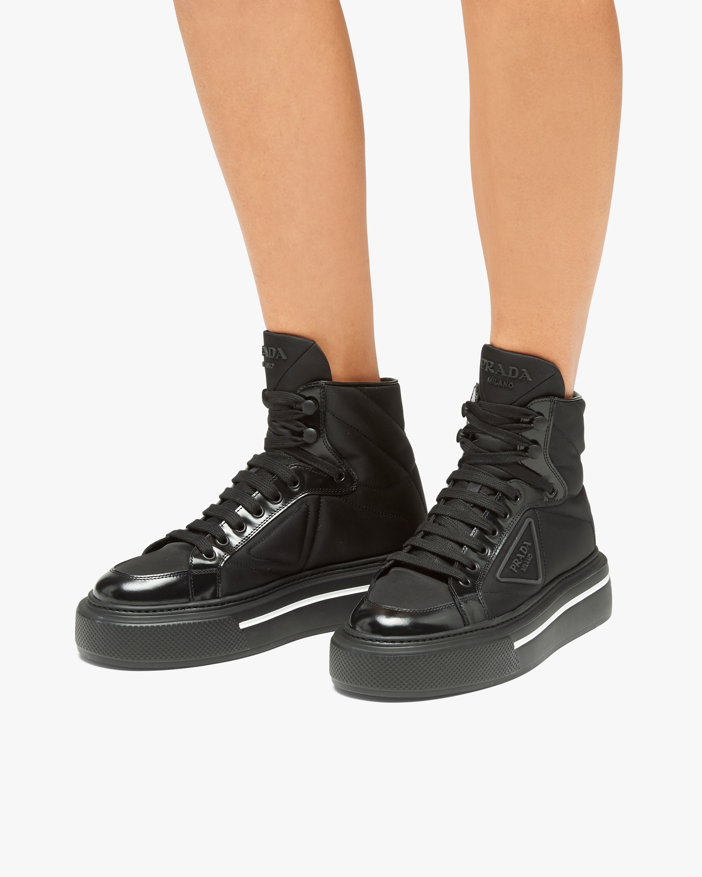 Black Prada Macro Re-Nylon and brushed leather high-top sneakers | Prada