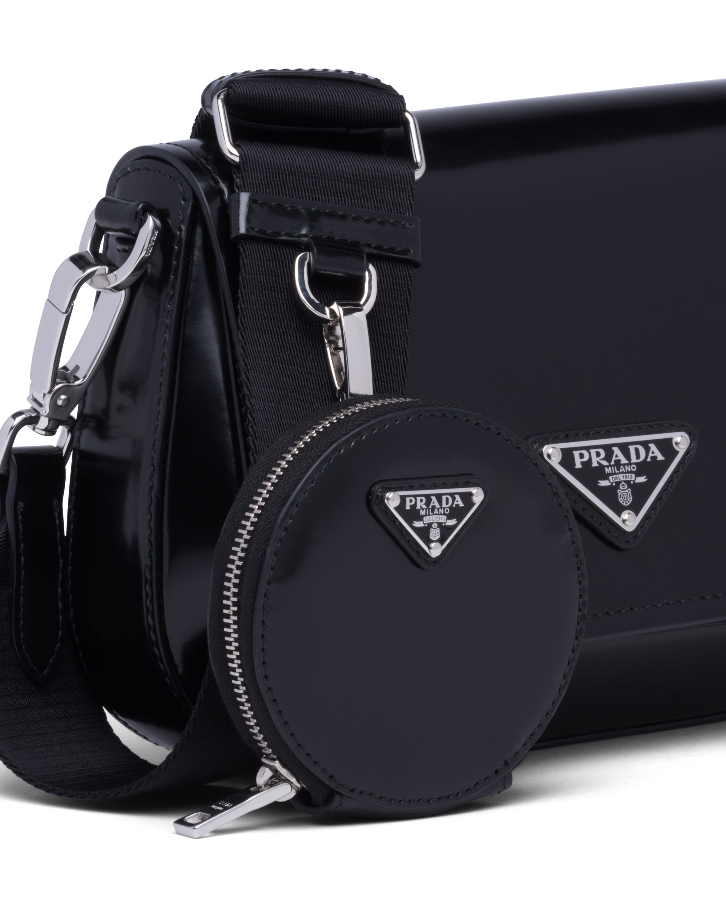 Black Brushed leather round mini-pouch | Prada