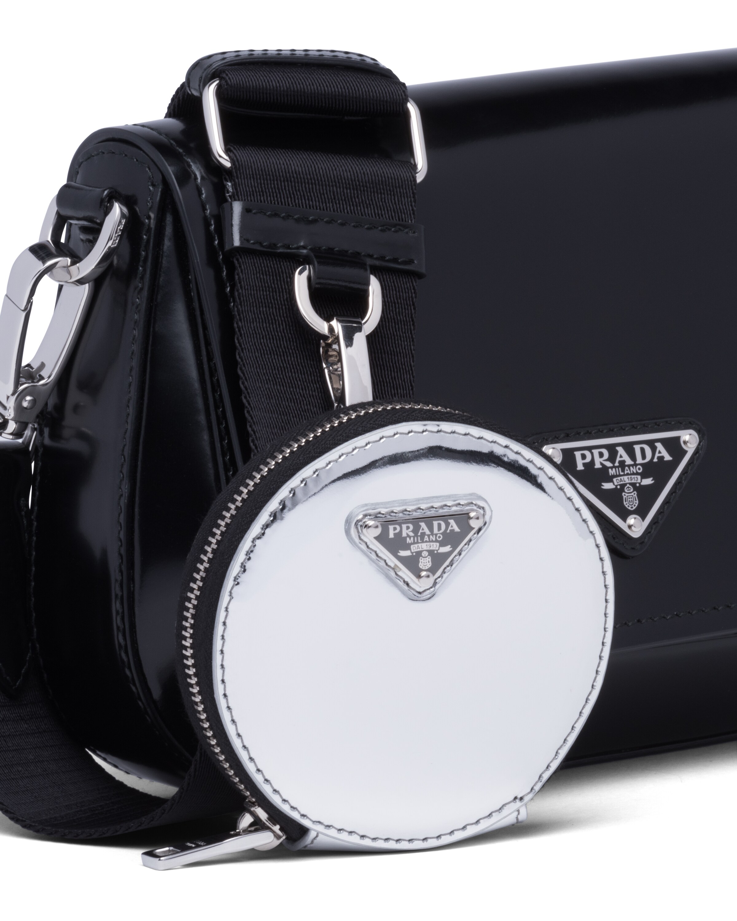 Silver Brushed leather round mini-pouch | Prada