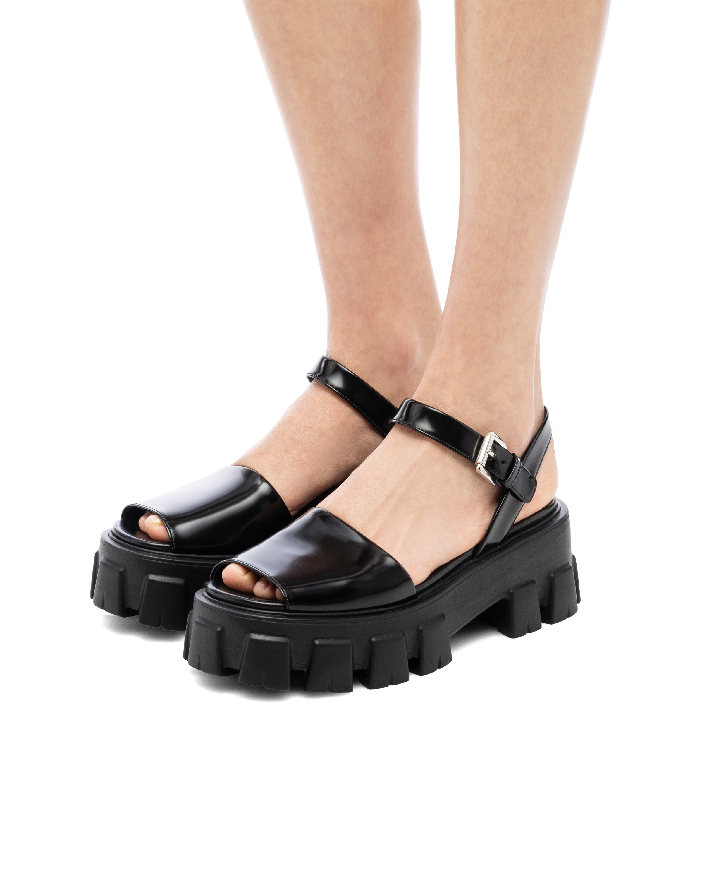 Black Monolith brushed leather sandals | Prada