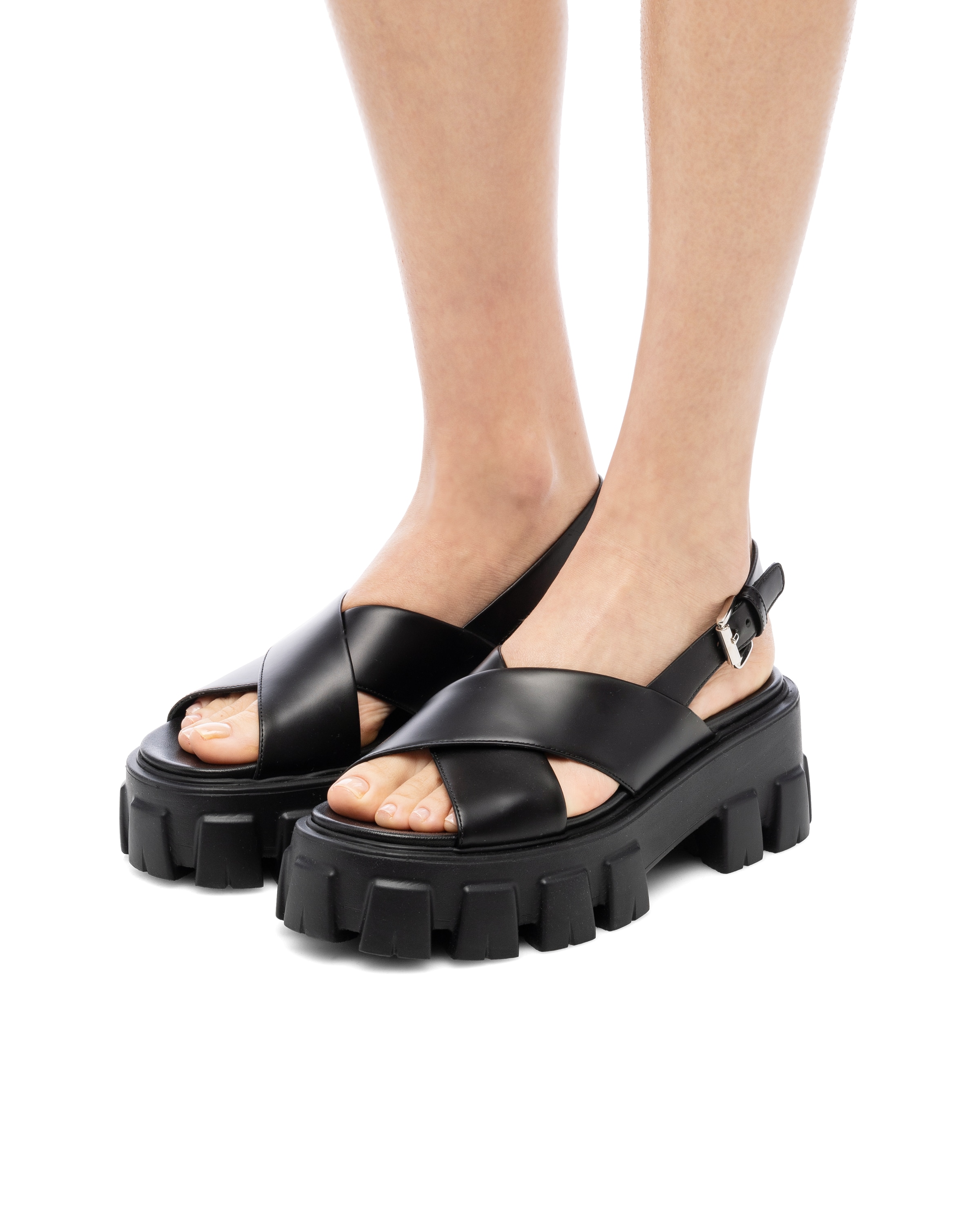 Black Monolith brushed leather sandals | Prada