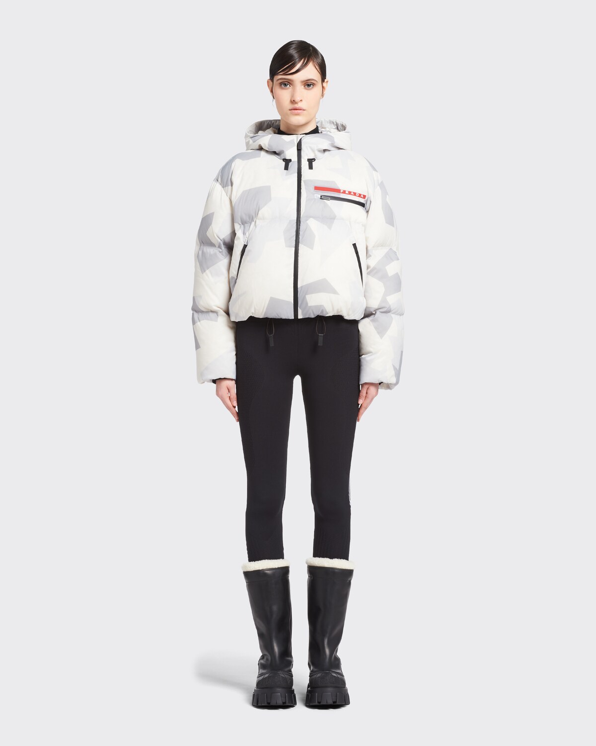 Marble Gray Cropped Camouflage Print Re-nylon Puffer Jacket | PRADA