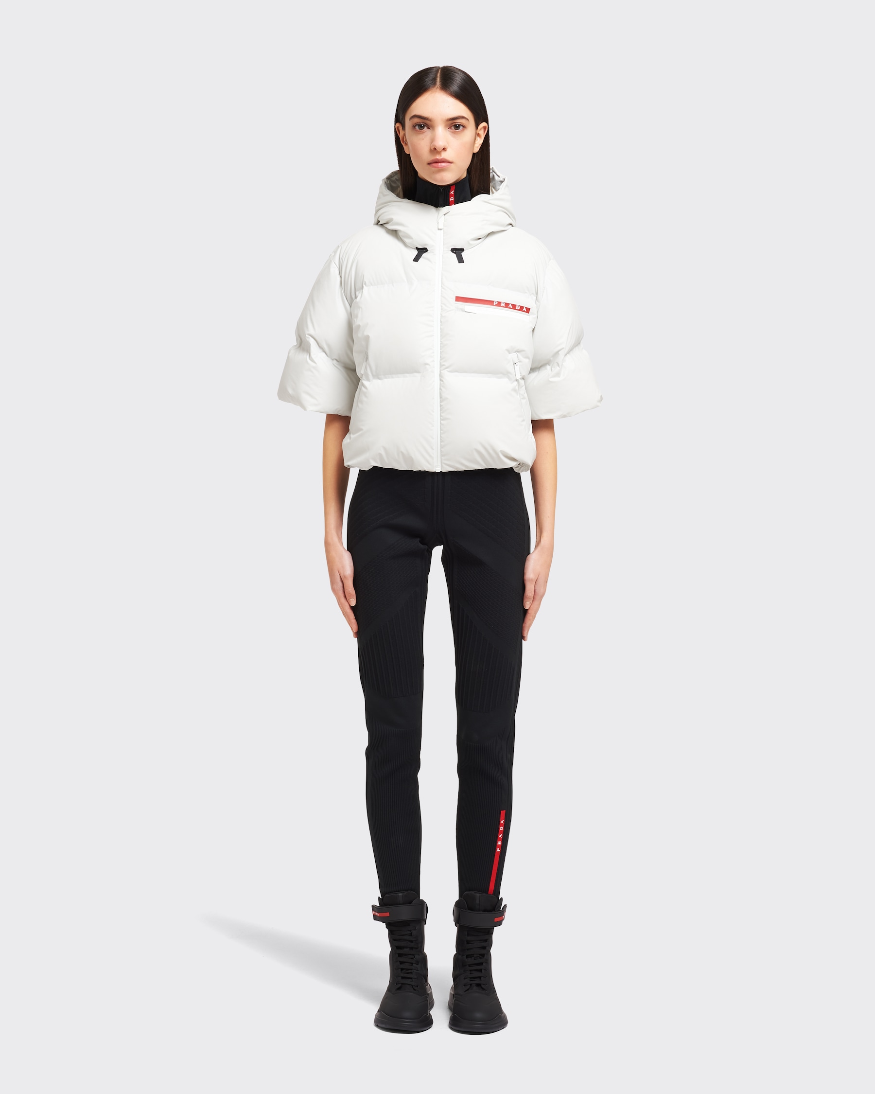 Chalk White Light Re-nylon Hooded Puffer Jacket | PRADA