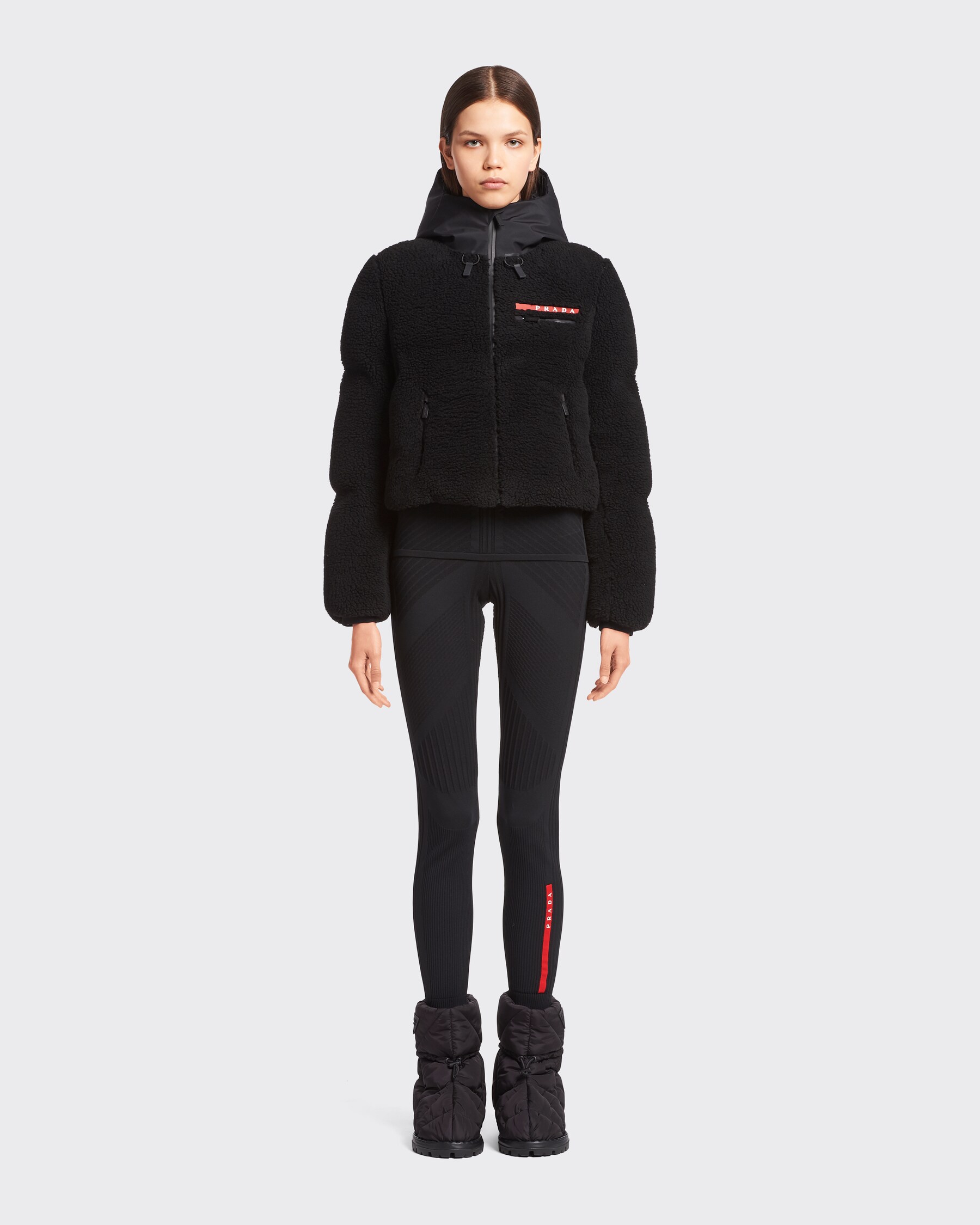 Black Cropped Recycled Fleece Down Jacket | PRADA