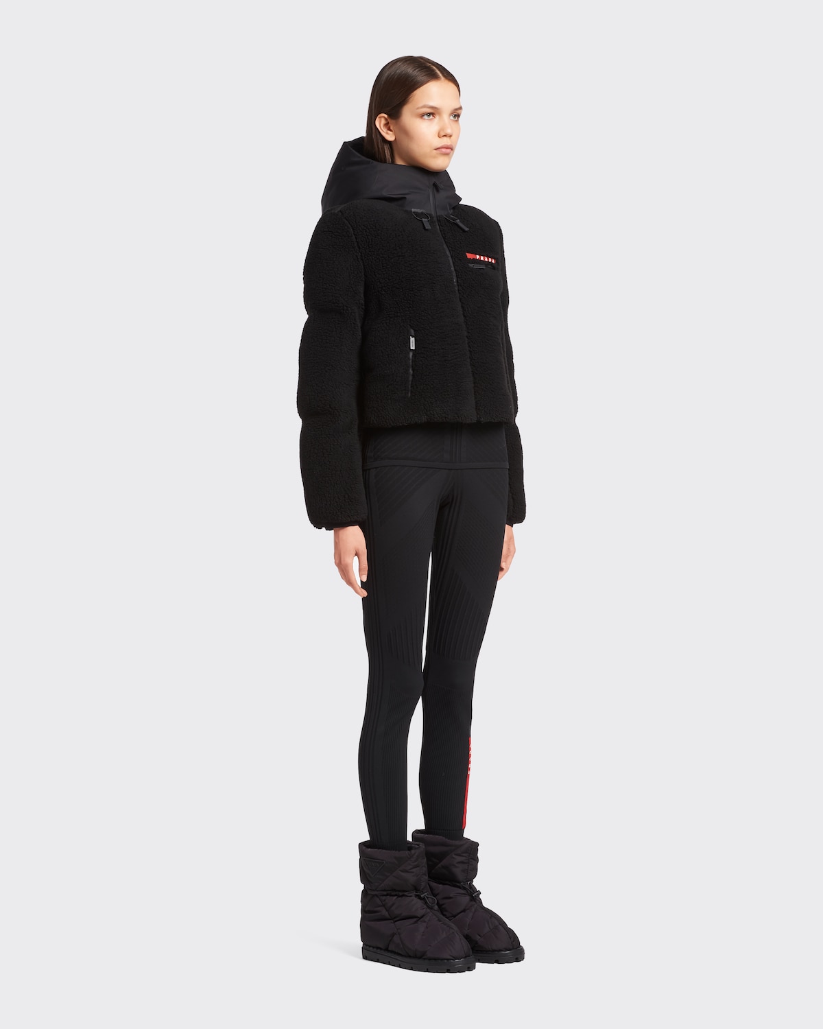 Black Cropped Recycled Fleece Down Jacket | PRADA