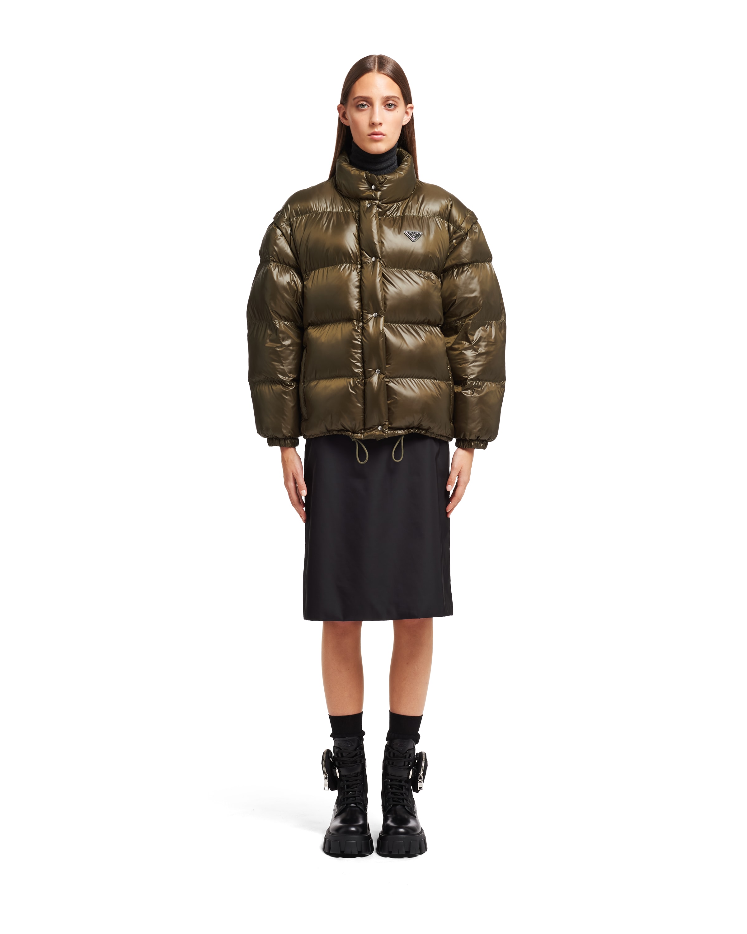 Military Green Ciré' nylon puffer jacket | Prada