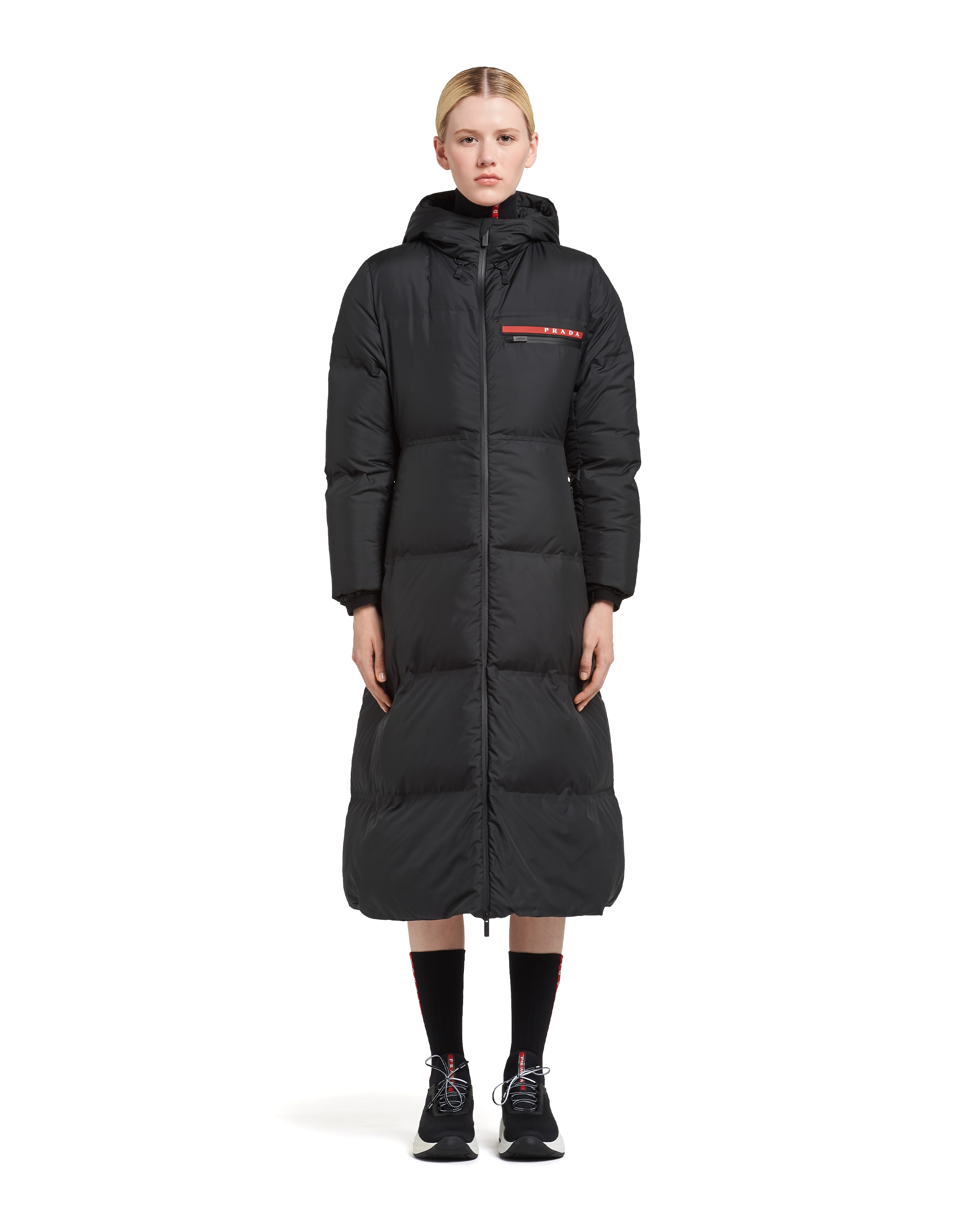 Black Technical Nylon hooded puffer coat | Prada