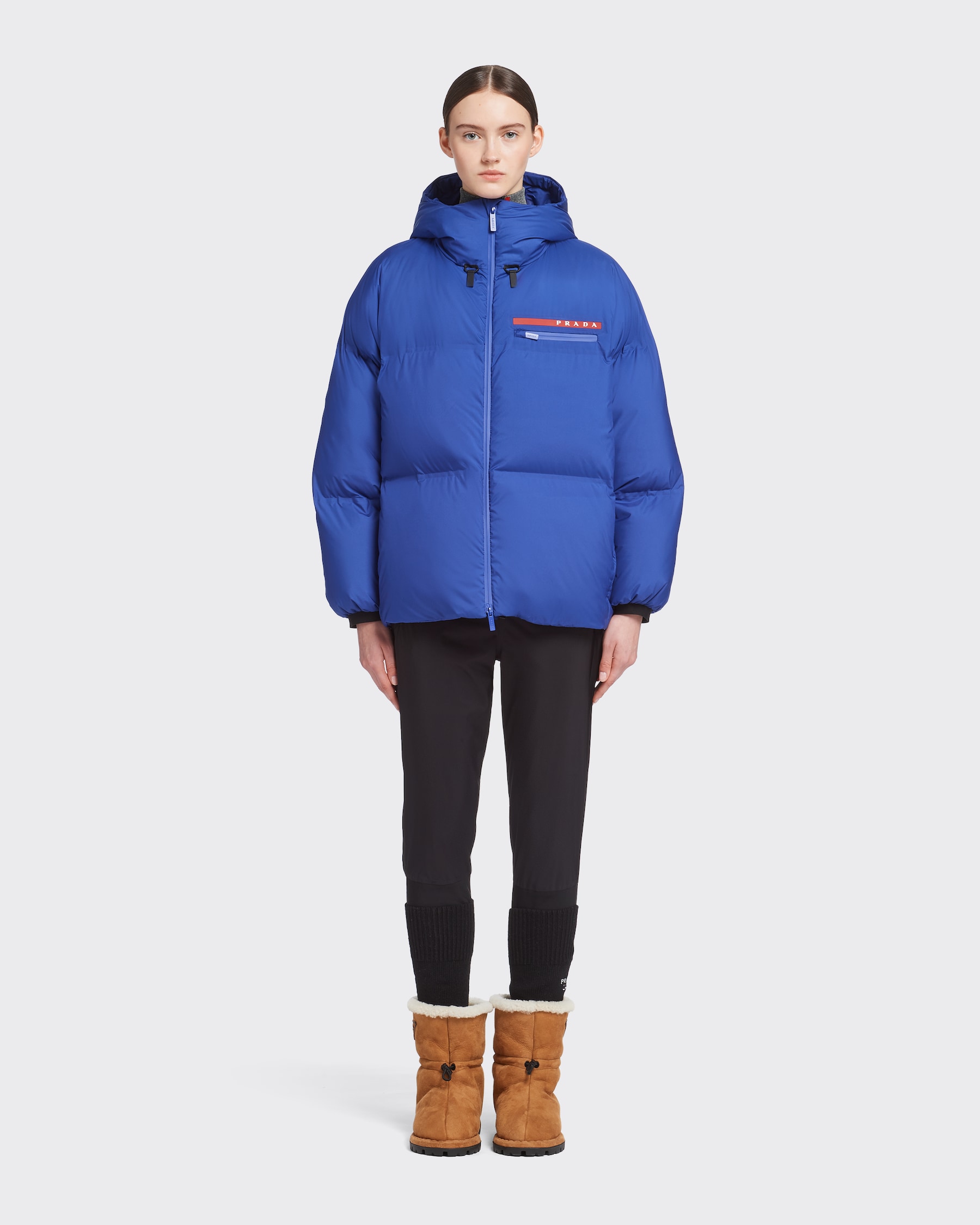 Indigo Blue Oversized Technical Nylon Down Jacket | PRADA