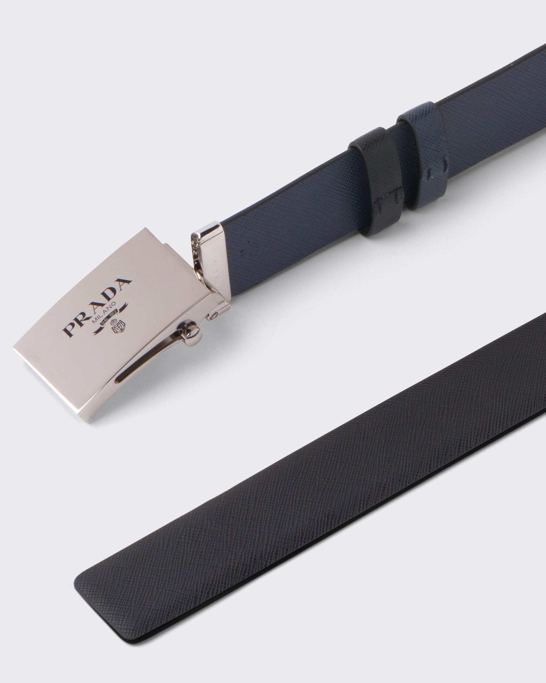 Black/baltic Blue Saffiano Leather Reversible Belt | PRADA