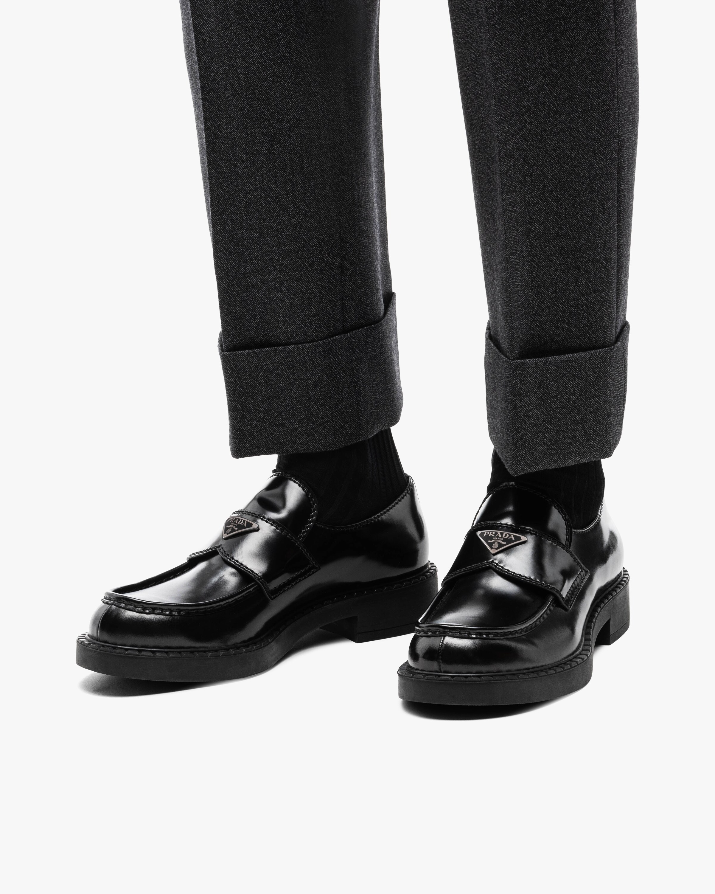 Black Chocolate brushed leather loafers | Prada