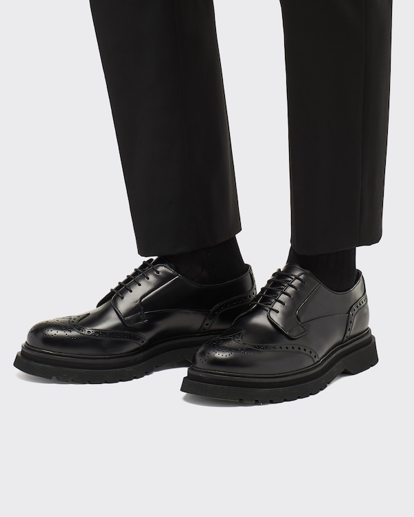 Black Brushed Leather Derby Brogue Shoes | PRADA