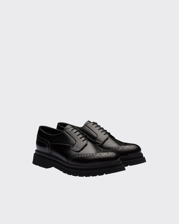 Black Brushed Leather Derby Brogue Shoes | PRADA