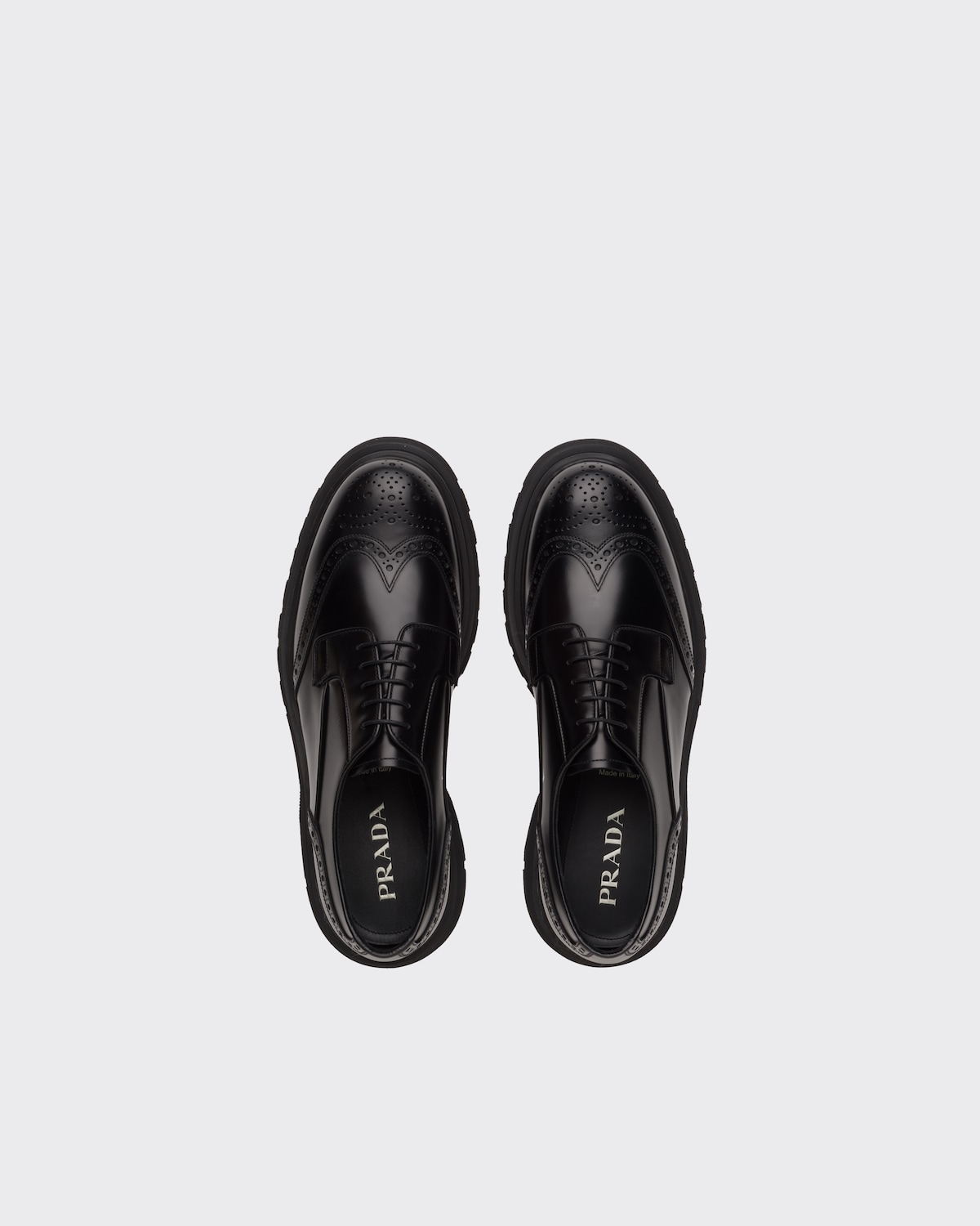 Black Brushed Leather Derby Brogue Shoes | PRADA