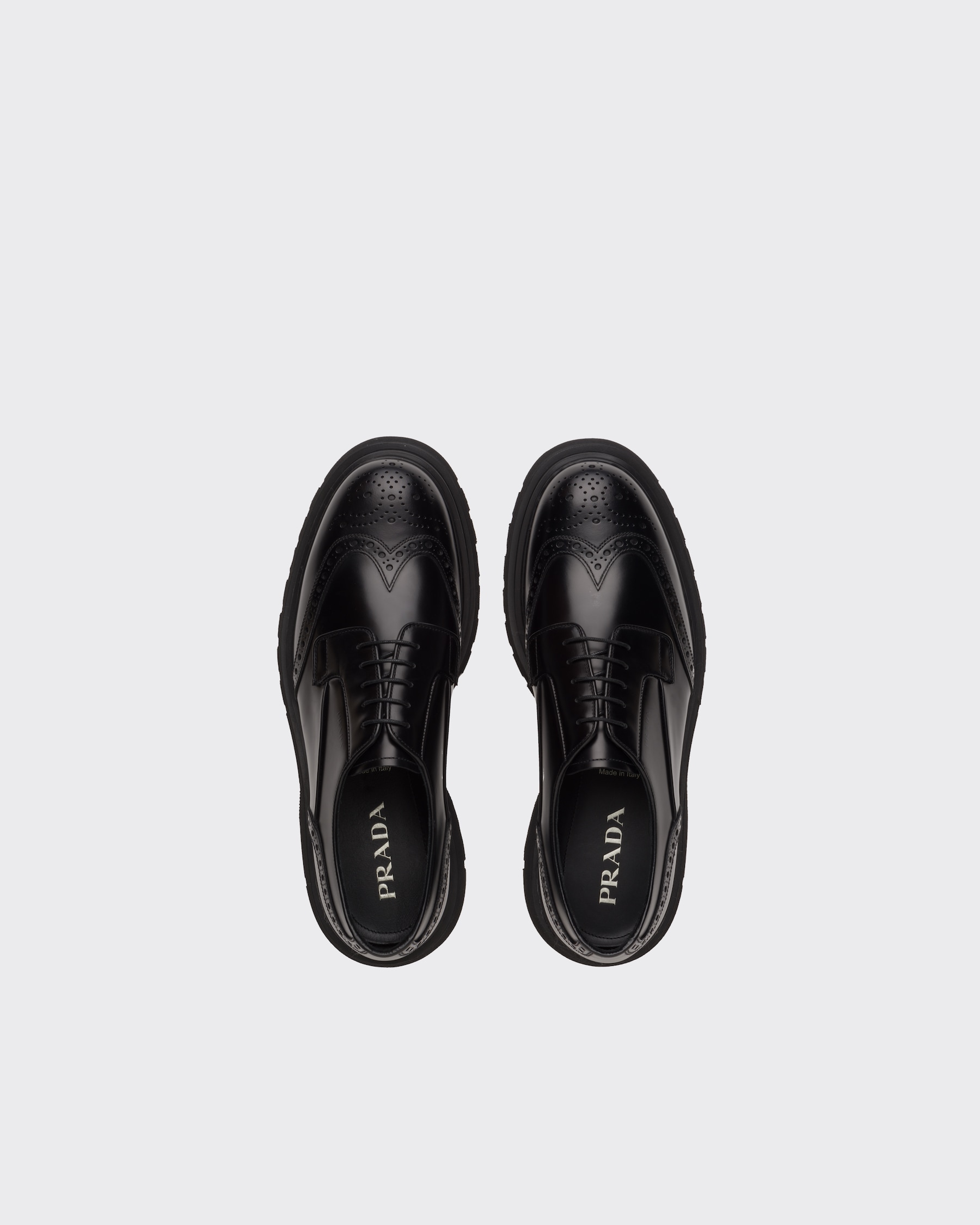 Black Brushed Leather Derby Brogue Shoes | PRADA