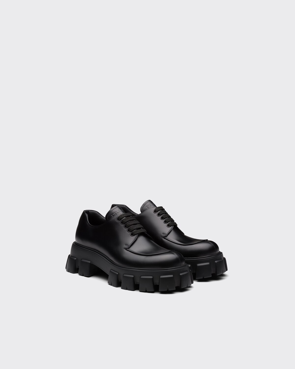 Black Monolith Brushed Leather Lace-up Shoes | PRADA