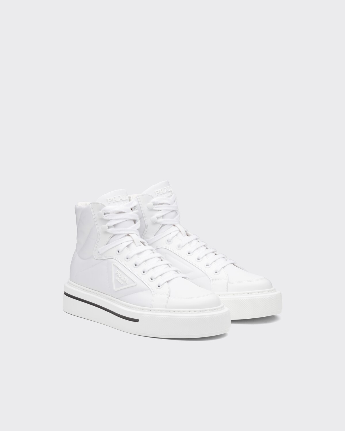 White Prada Macro Re-nylon And Brushed Leather High-top Sneakers | PRADA