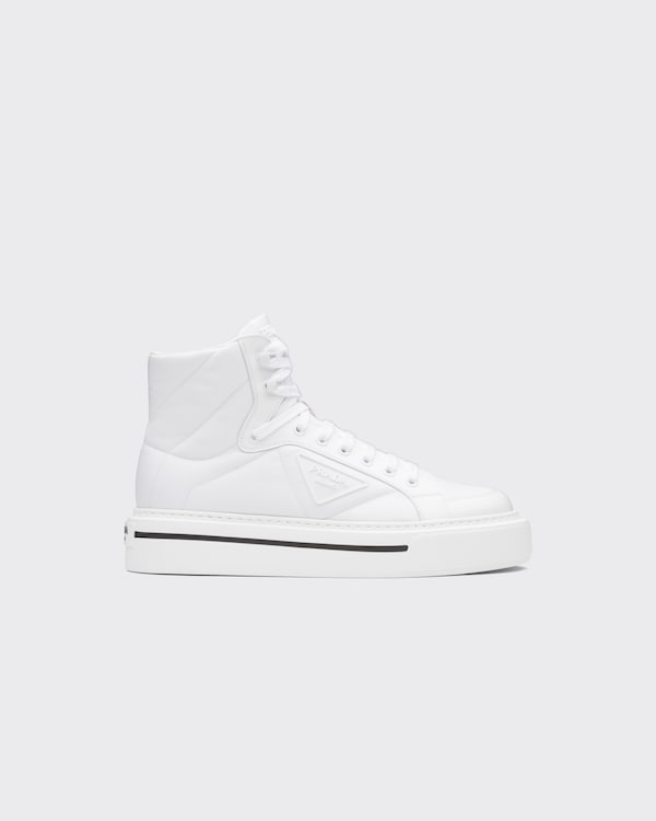 White Prada Macro Re-nylon And Brushed Leather High-top Sneakers | PRADA
